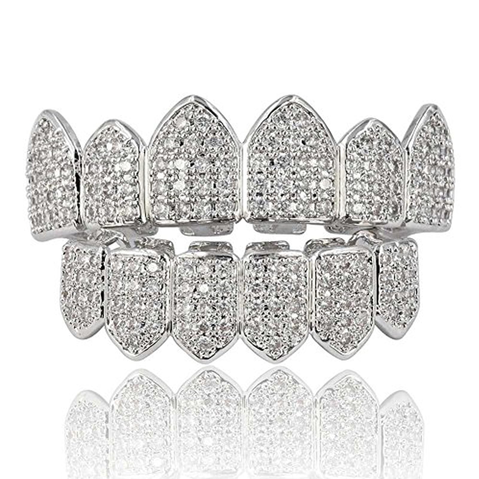 JINAO Diamond Grillz 18K Gold Plated Grills for Your Teeth Macro Pave CZ Iced Out Grill for Men Women With Extra Molding Bars Included (Silver set)