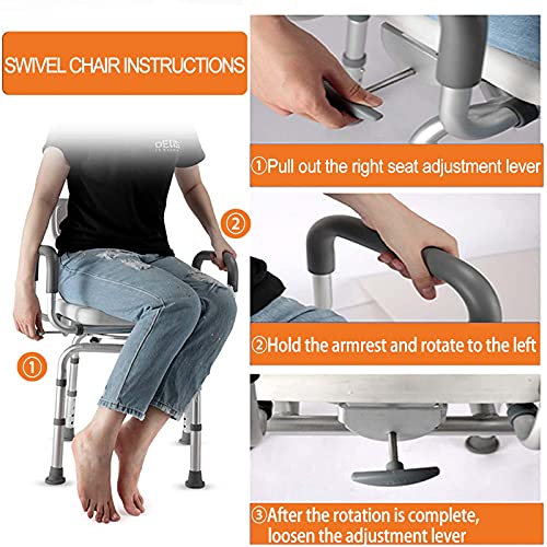 PAYRFV Pivoting Swivel Shower Chair for Elderly Seniors, 360° Bathtub Seat with Arms and Back Bath Stool Aid with Swivel Seat, Adjustable Height Shower Bench, Bathroom Bath Chair for Inside Shower