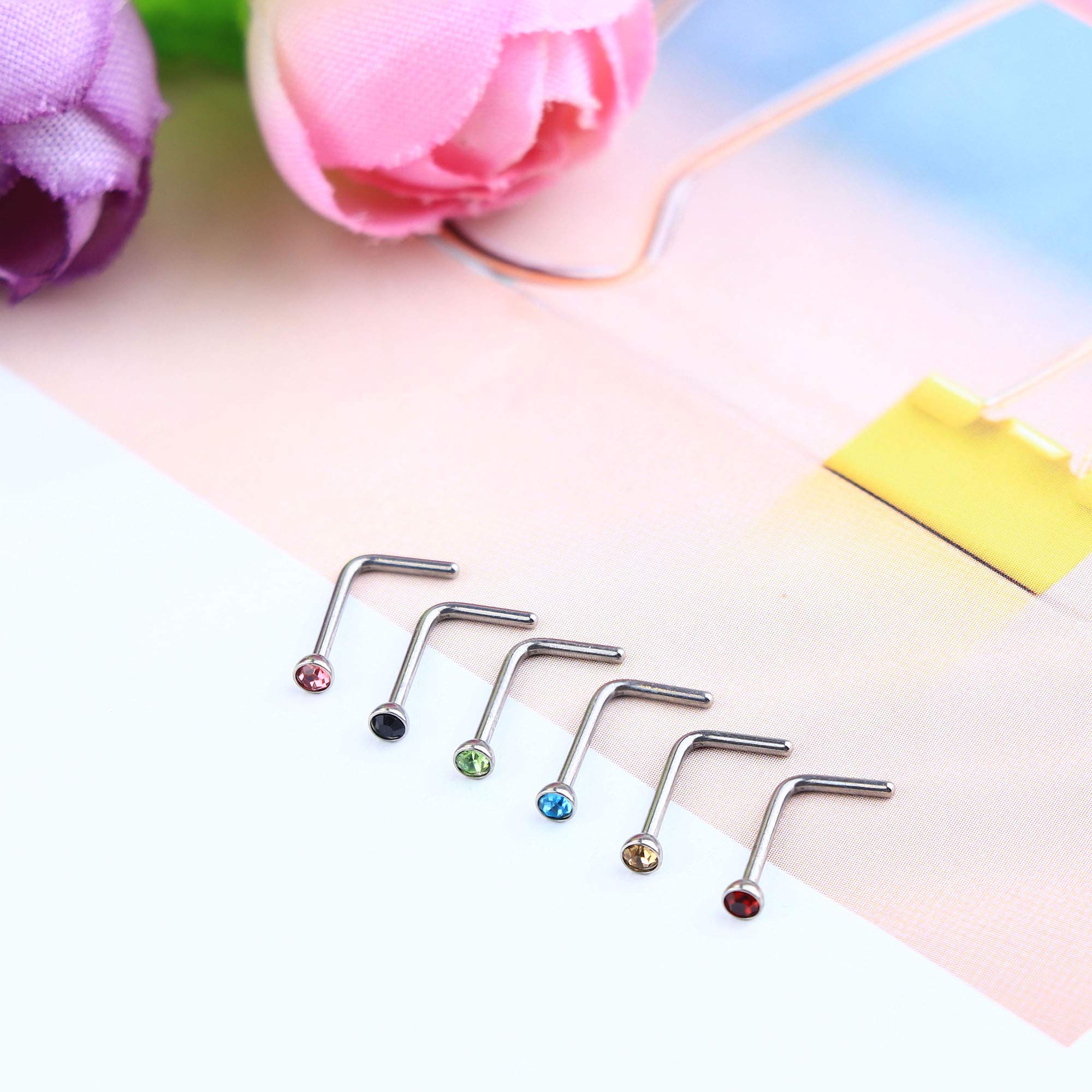 Jstyle 50Pcs 18G 20G L Shape Nose Studs Nose Ring Stud Stainless Steel Nose Piercings for Men Women CZ Clear Nose Stud Set L