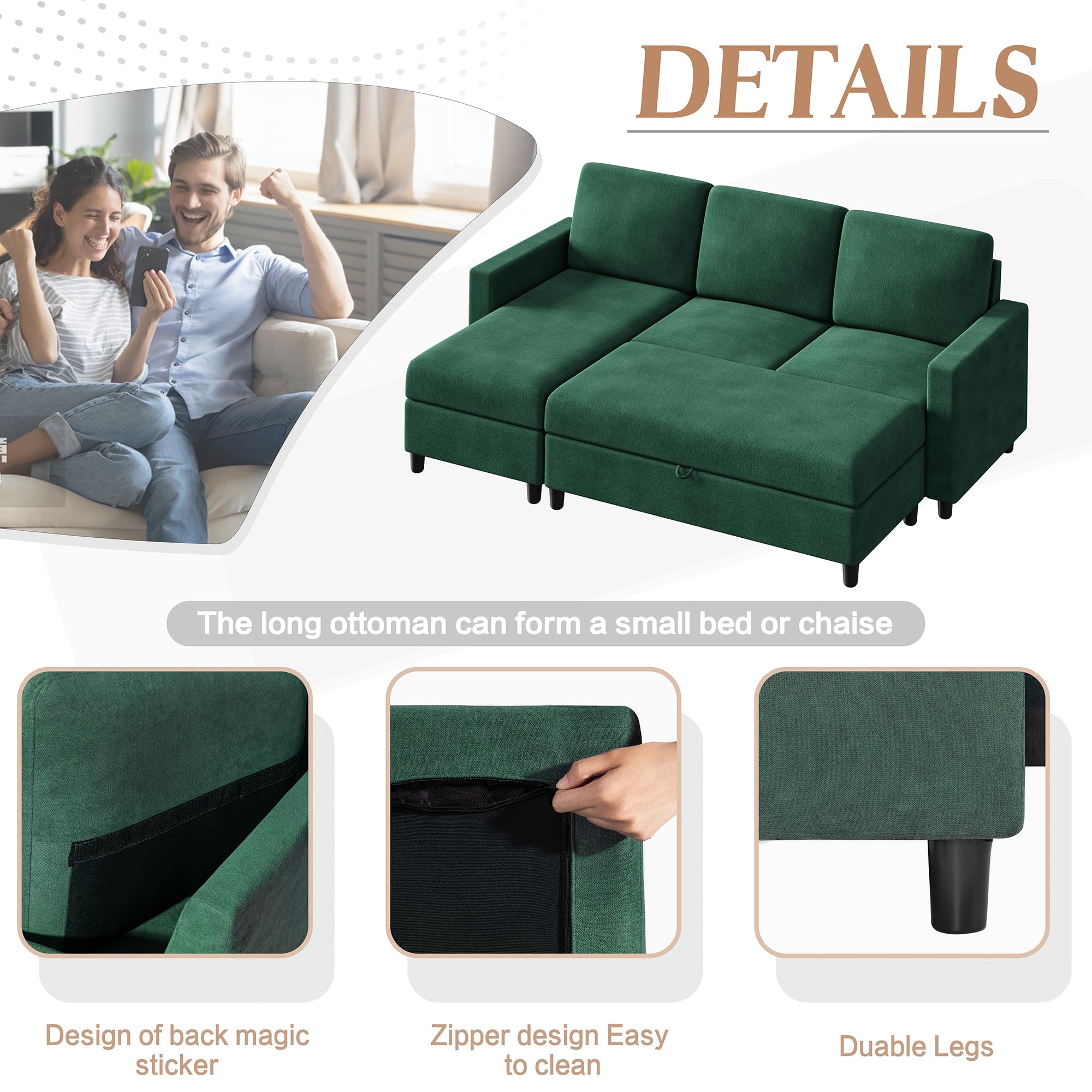 JAMFLY 79'' Sectional Sofa Couch with Storage Ottoman, Living Room Furniture Set Small Deep Convertible Sofa, L-Shaped Couch Wide Reversible Chaise with Linen Fabric (Deep Grey)