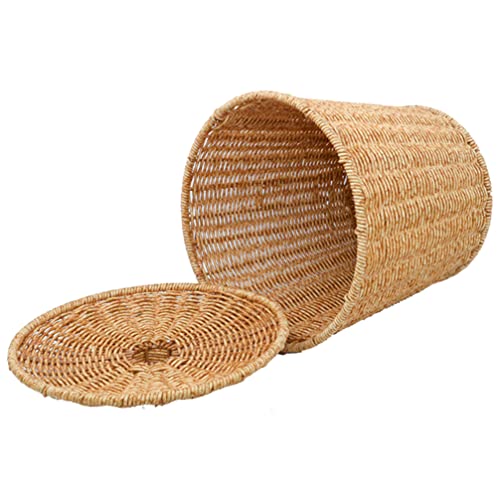 Zerodeko Small Trash Can, Imitation Rattan Woven Waste Bin with Lid, Waste Basket for Bedroom, Office, Kitchen, Boho Round Garbage Can Plastic Sundries Holder Laundry Basket for Bathroom