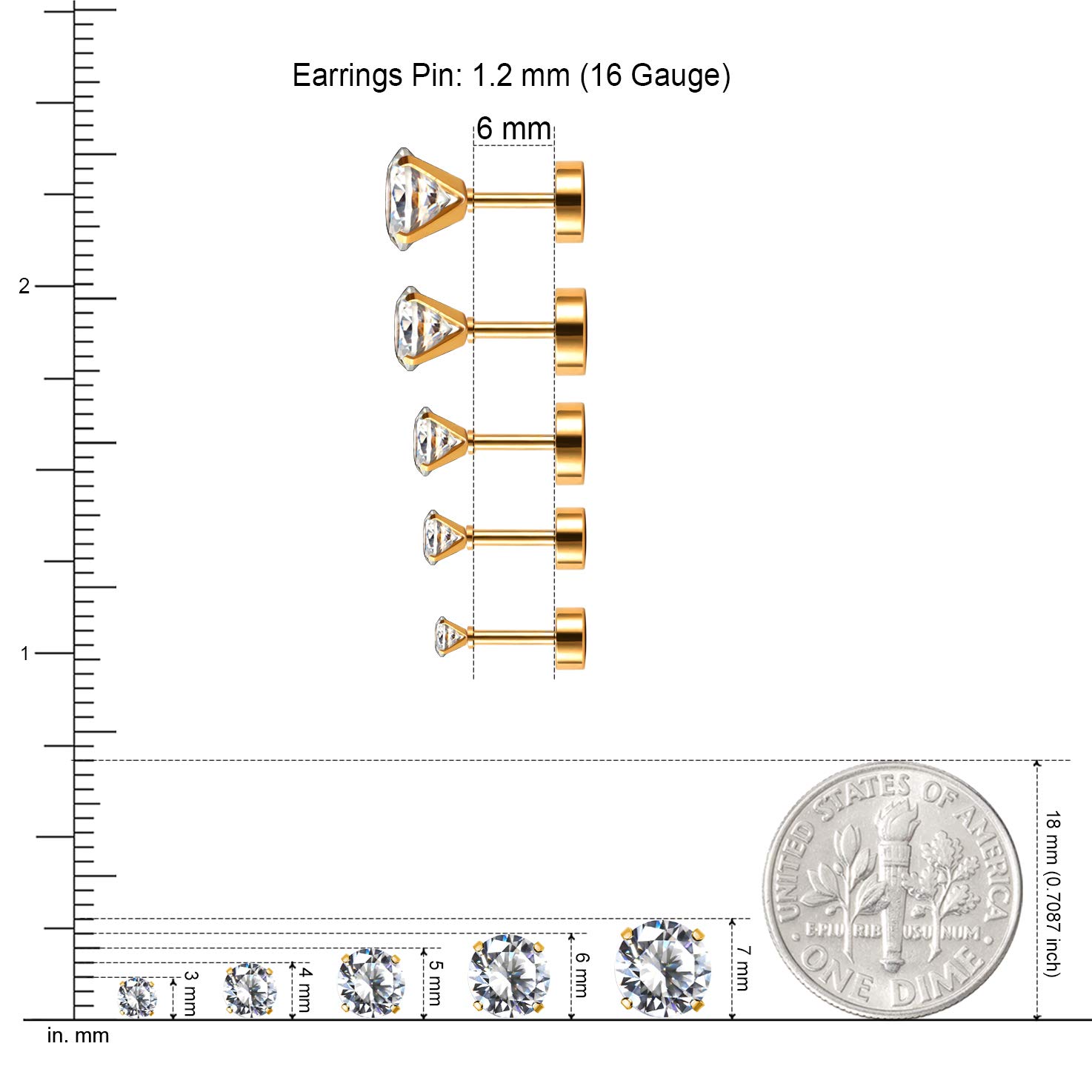 JewelrieShop Cartilage Tragus Earring Stainless Steel Stud Piercing Earring Flat Back Earrings Stud Flatback Screw Back Earrings for Women Men (16G, 6mm Bar Length, 3mm-7mm CZ, 5 Pairs)