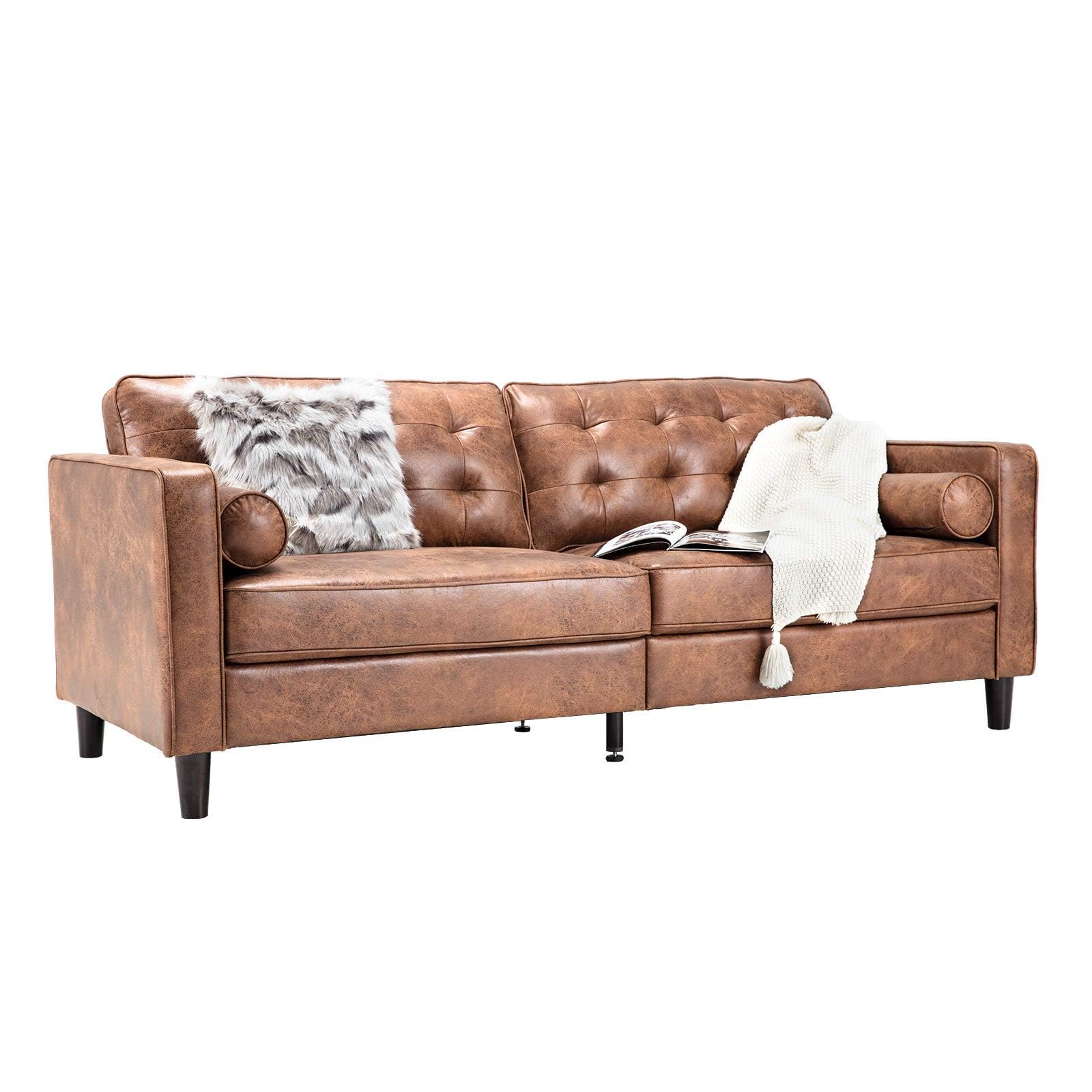 YODOLLA 84.2" Leather Sofa Couch, Mid-Century Modern Sofa with 2 Bolster Pillows, 3 Seats Sofa Vintage Couch for Living Room, Studio and More, Brown