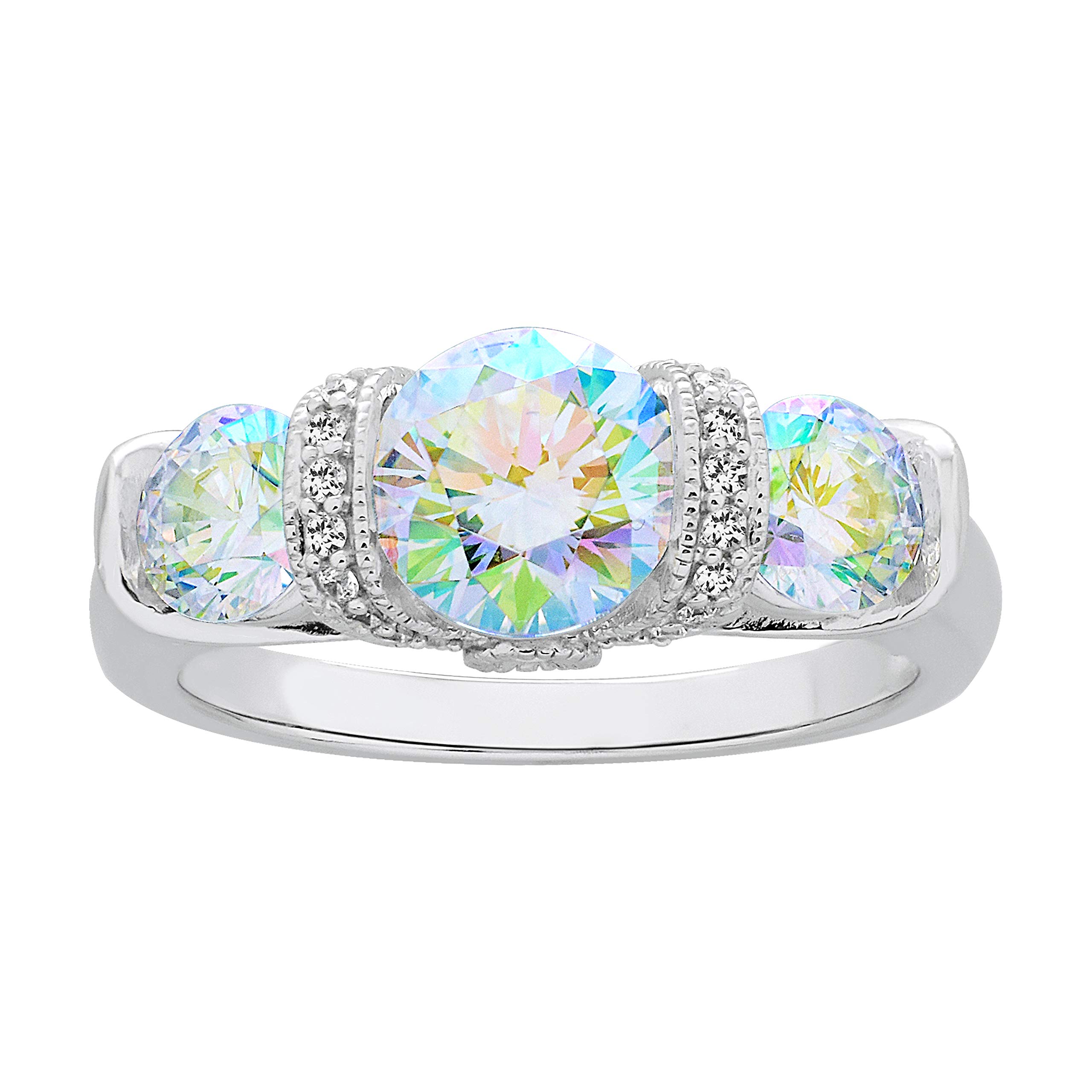 Lexi and Rose .925 Sterling Silver Round Brilliant Cut Aurora Borealis Cubic Zirconia Three Stone Engagment Ring - Size 7