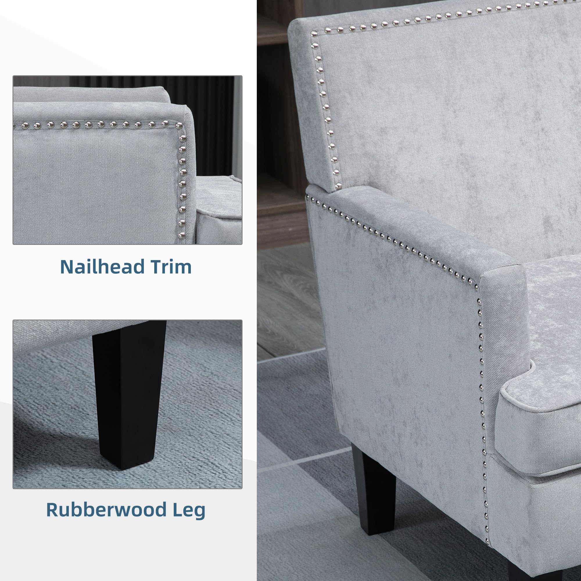 HOMCOM Modern Accent Chair with Solid Wood Legs and Nailhead Trim, Upholstered Armchair for Living Room, Dark Gray