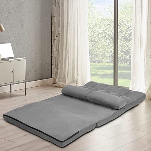 TUOCHUFUN Fluffy Lazy Sofa, 6-Position Foldable Adjustable Floor Sofa Bed with 2 Lumbar Pillows, Detachable Cloth Cover (Gray)