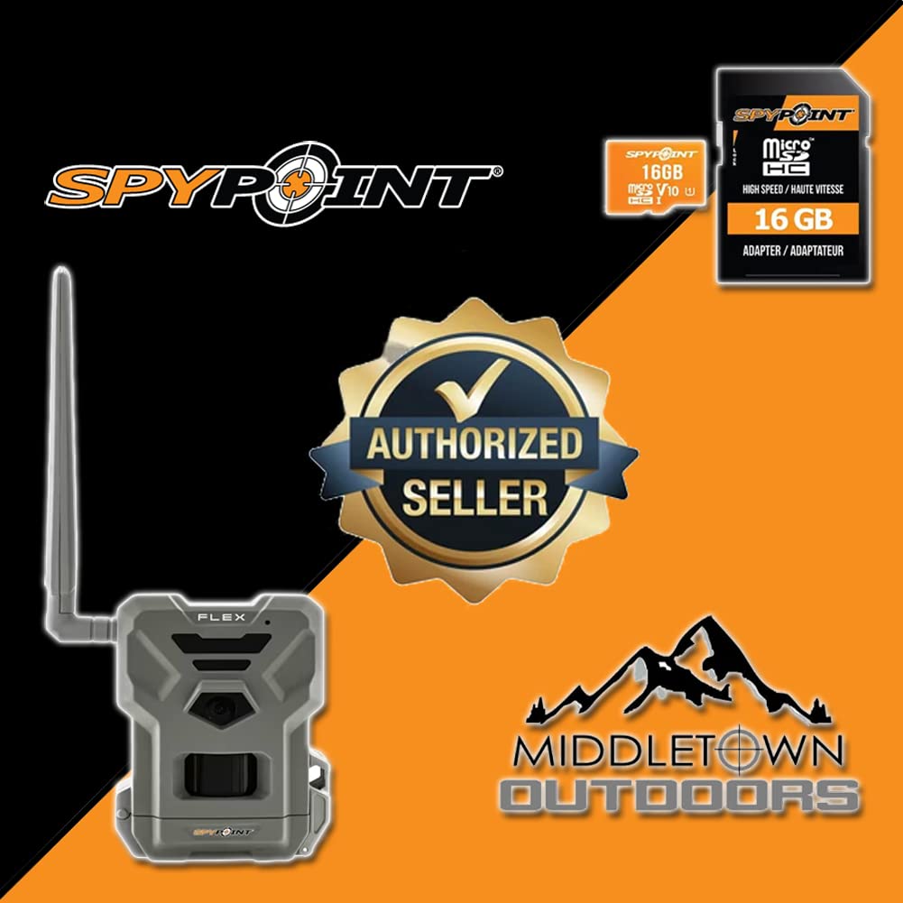 Middletown Outdoors Spypoint Flex Cellular Trail Camera with 16GB Micro SD Card, Dual SIM Connectivity, 1080P Videos, 33MP HD Trail Camera Bundle