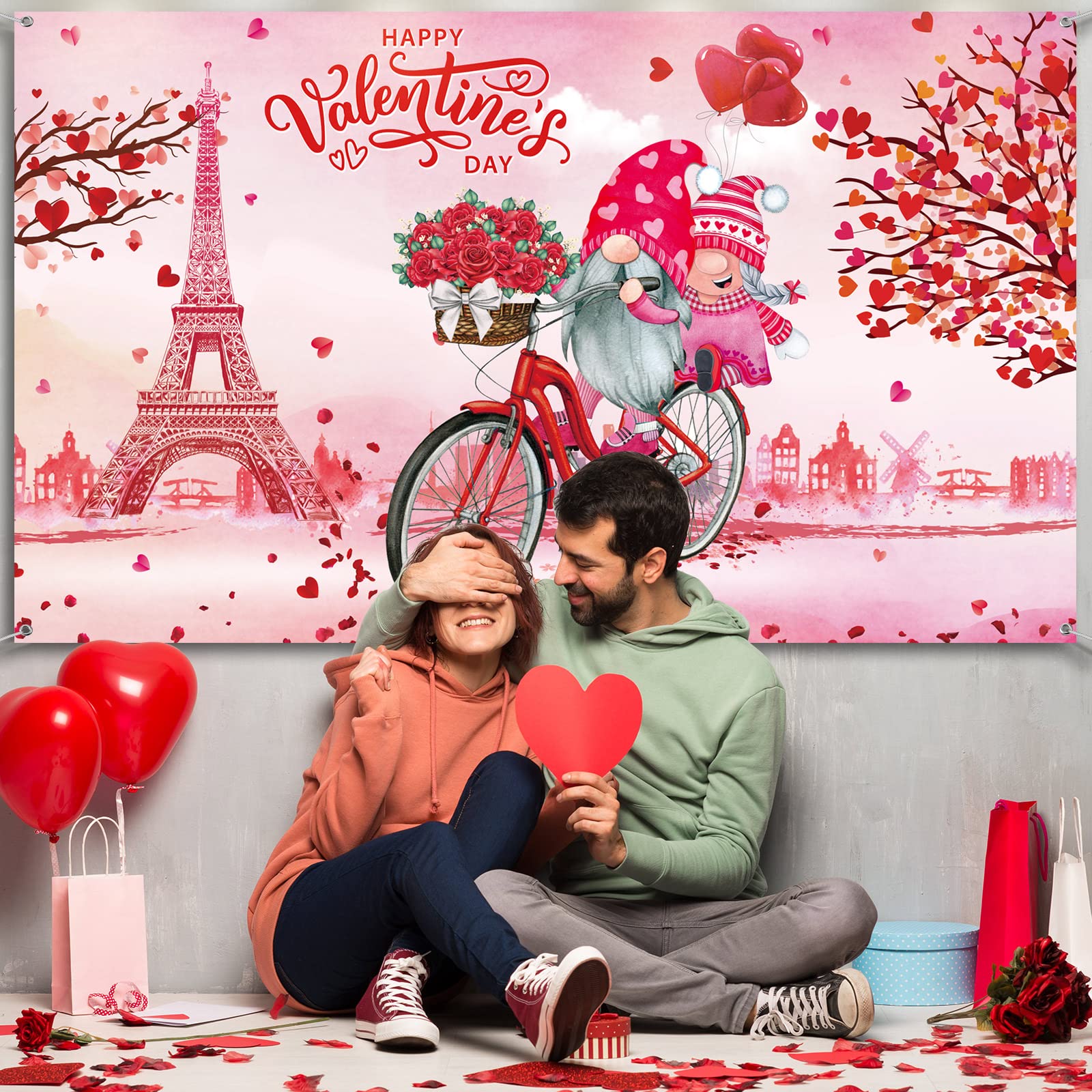 Valentine's Day Backdrop Valentine Backdrop Background for Photography Happy Valentine's Day Backdrop Banner Photo Booth Props Red Heart Backdrop for Mother's Valentine's Day Decor (Gnomes)