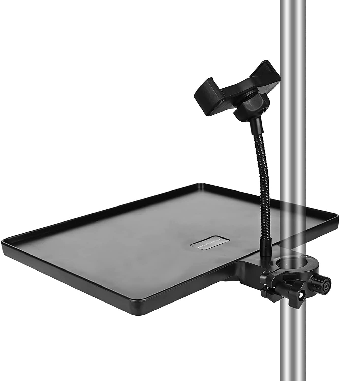 Microphone Stand Plastic Tray with Phone Holder, Music Stand Clamp-On Rack Tray Holder for Stage, Live Streaming