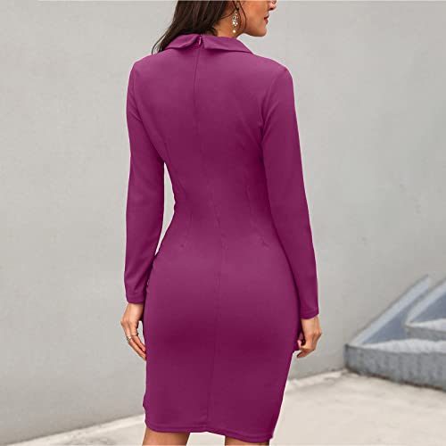 Pinkpaopao Women's Wrap Dress Solid Color Slim Button Bodycon Dress Deep V Neck Lapel Collar Ruched Long Sleeve Dress