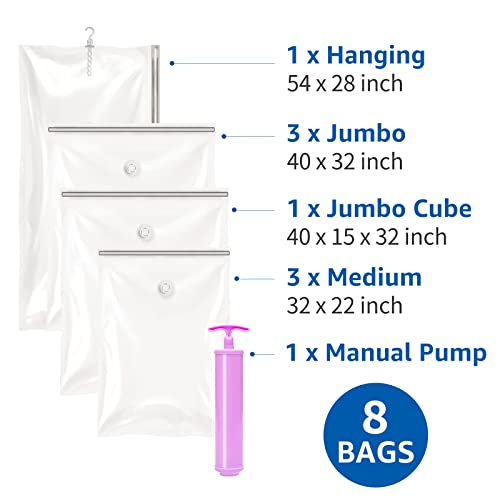 Vacuum Storage Bags Combo 8 Pack, Vacuum Sealed Bags for Bedding and Clothes, Hanging and Cube Vacuum Sealer Bags for Bedroom Closet Storage, Large and Small Travel Compression Bags