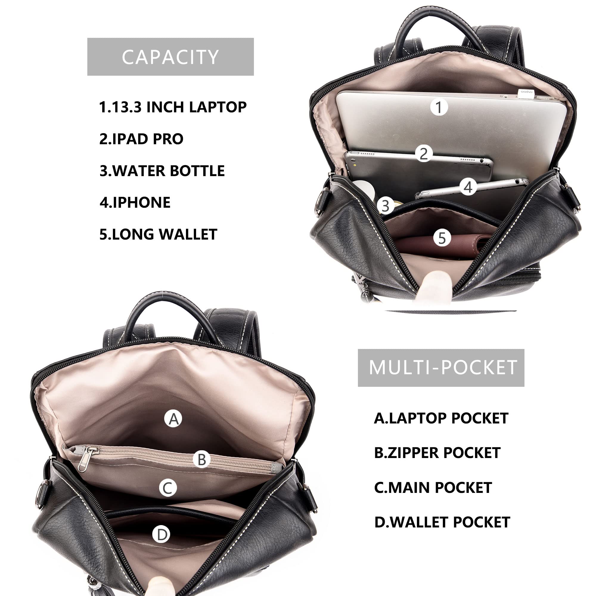 Mistour Backpack Purse for Women Leather Convertible Fashion Travel Womens Purse Backpack with Padded Shoulder Strap (Black)