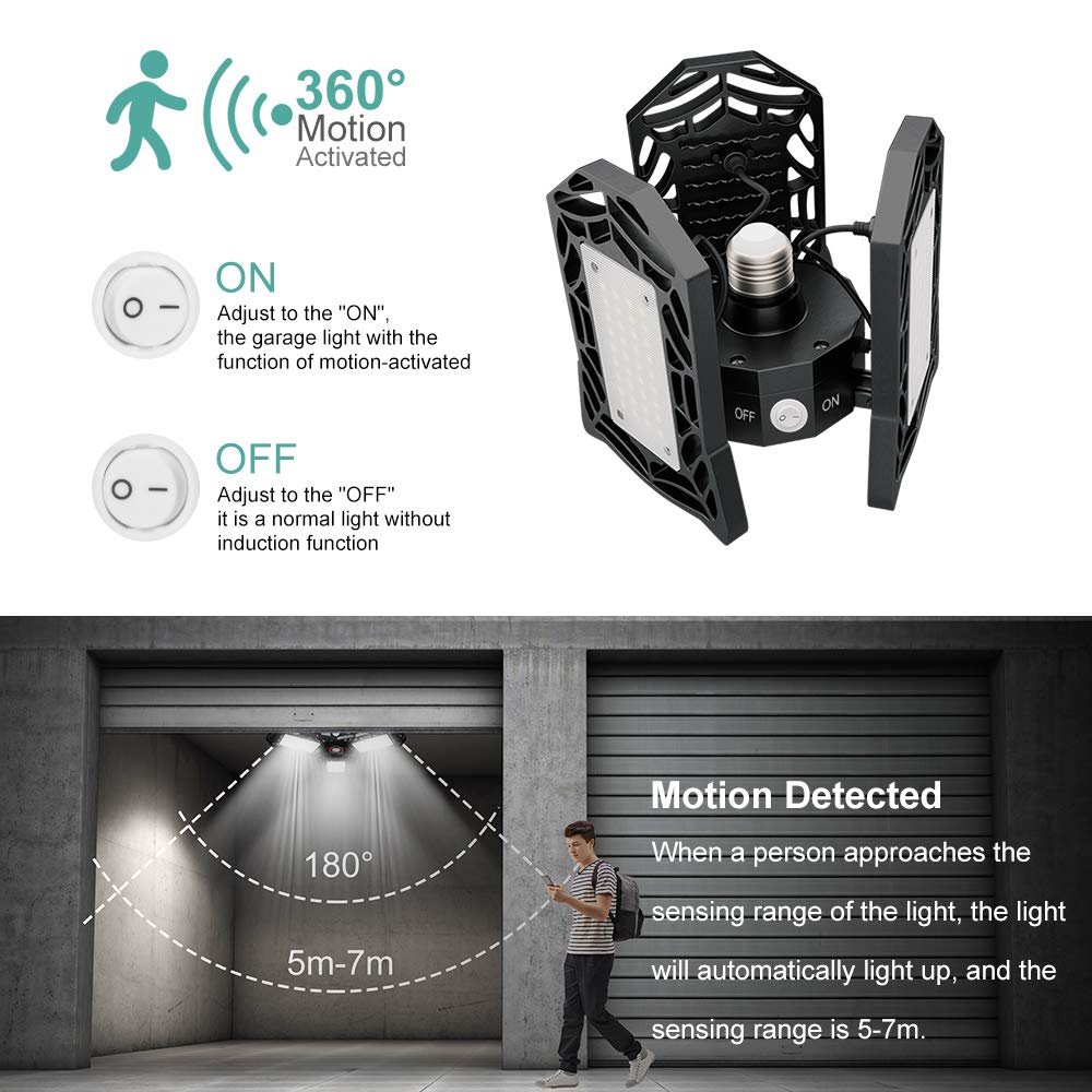 LED Garage Lights, 6000LM 6500K Super Bright Garage Ceiling Light with E26 Screw Socket, LED Three-Leaf Shop Light Adjustable Multi-Position Panels for Garage Attic Basement (Radar Sensor, 100W)