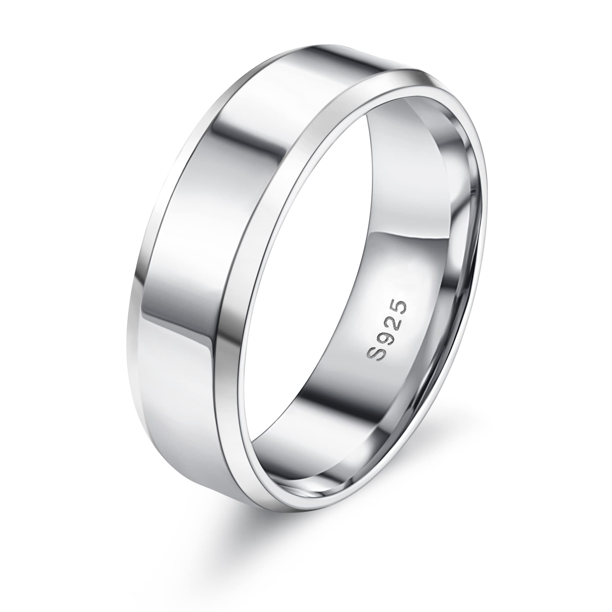 MILACOLATO 6mm Sterling Silver Rings for Women Men 18K White Gold Plated Beveled Edge Plain Thumb Ring High Polish Wedding Band Ring Comfort Fit Size 10