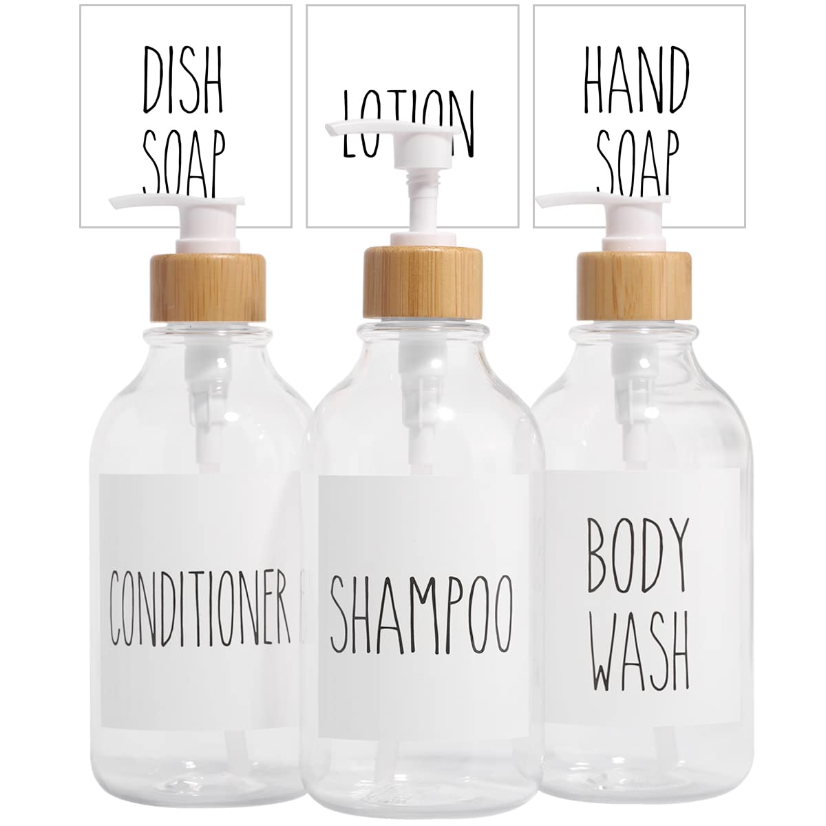 Shampoo and Conditioner Dispenser-Set of 3-16 oz Reusable Pump Bottle Dispenser for Bathroom with 6 Waterproof Stickers - Empty Plastic Refillable Containers for Shower (Clear)