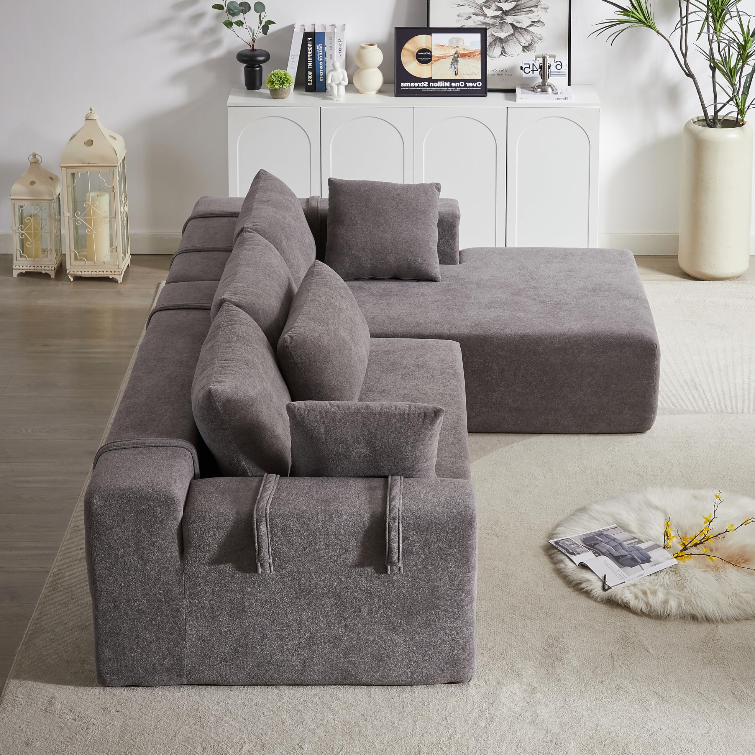 Yoglad Modern L-Shape Sectional Upholstery Sofa with Freedom Combination Living Room Sofa, Comfy Deep Seat Floor Furniture with 6 Pillows for Living Room, Office (Face The Right Chenille Grey Sofa)