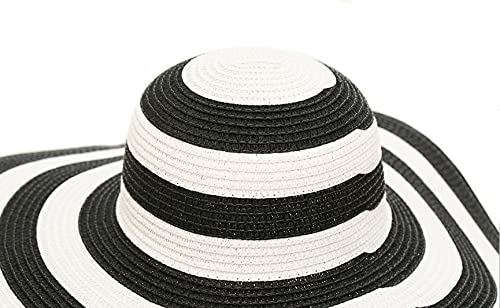 Itopfox Womens Beachwear Sun Hat Striped Straw Hat Floppy Big Brim Hat Black,One Size(22inch-22.8inch Circumference)