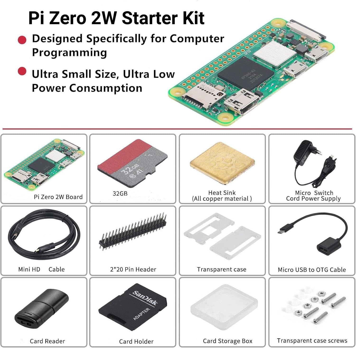 RasTech for Raspberry Pi Zero 2 W Starter Kit with 32GB Card 5V 3A Power Supply with ON/Off USB-Adapter HD Out Cable Card Reader Heatsink Case Pin Header