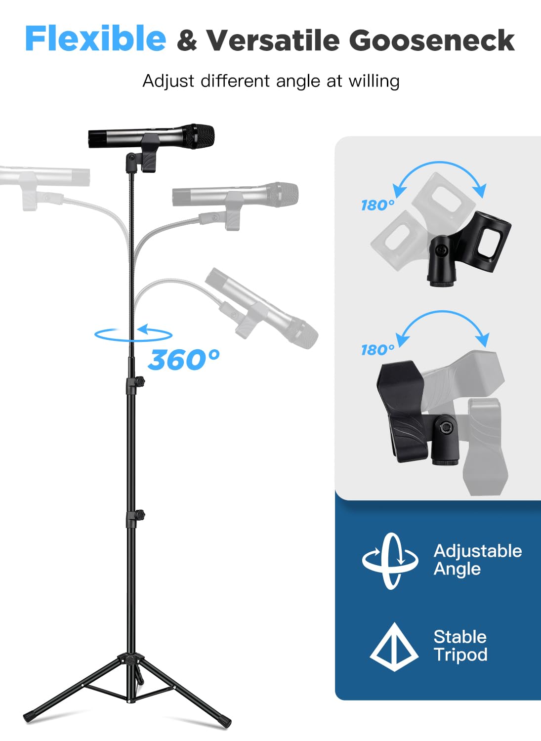 Mic Stand, Bietrun Metal Gooseneck Boom Arm Mic Stand Tripod, Height&360° Adjustable, with Carrying Bag & 2 Mic Clips,Compatible with Wireless Mic&Wired Mics for Singing/Wedding/Church/Stage/Party