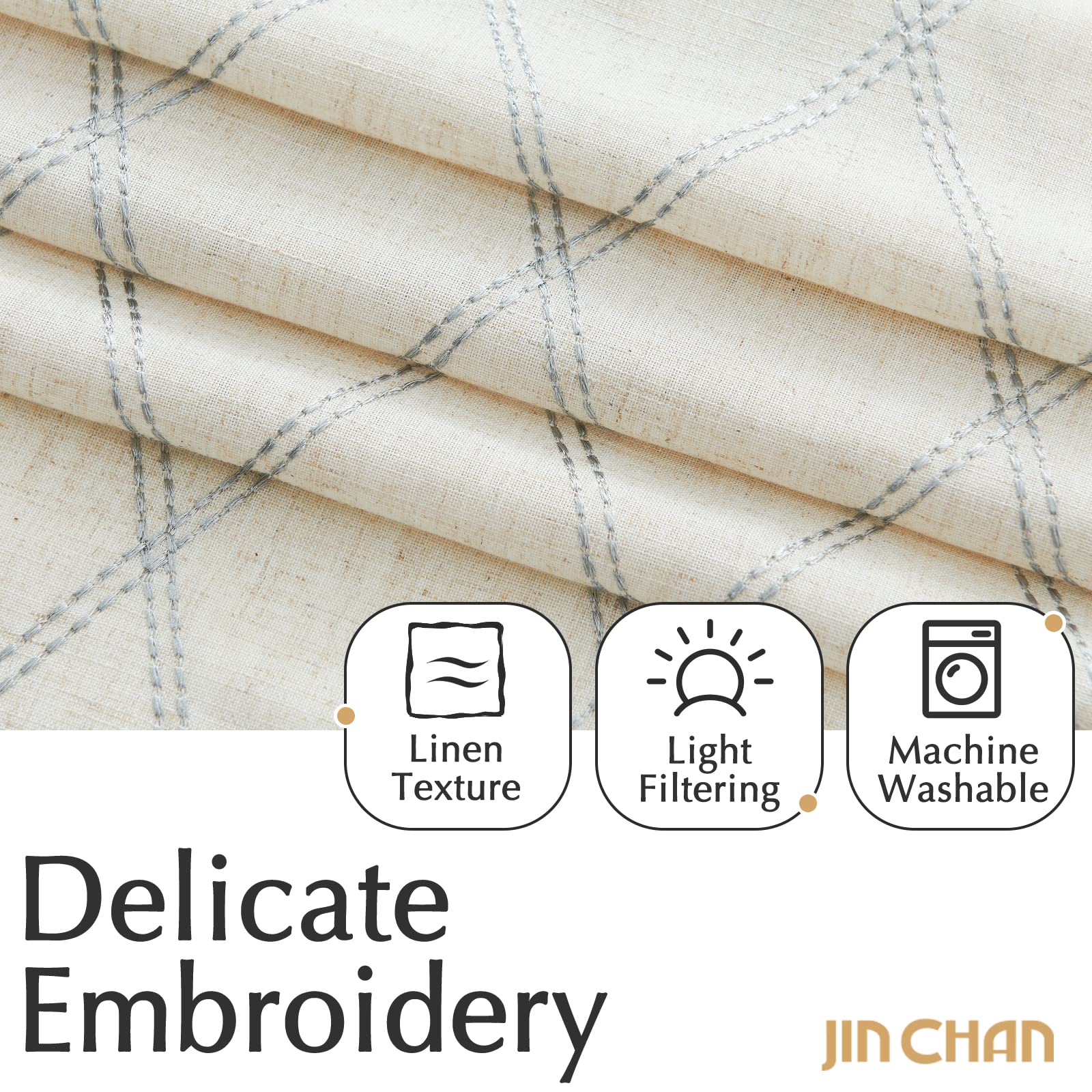 jinchan Linen Curtains for Living Room Grey Diamond Embroidered Curtains Geometric Patterned Window Drapes Flax Window Treatment Set for Bedroom Grommet Curtains 84 Inches Long 2 Panels