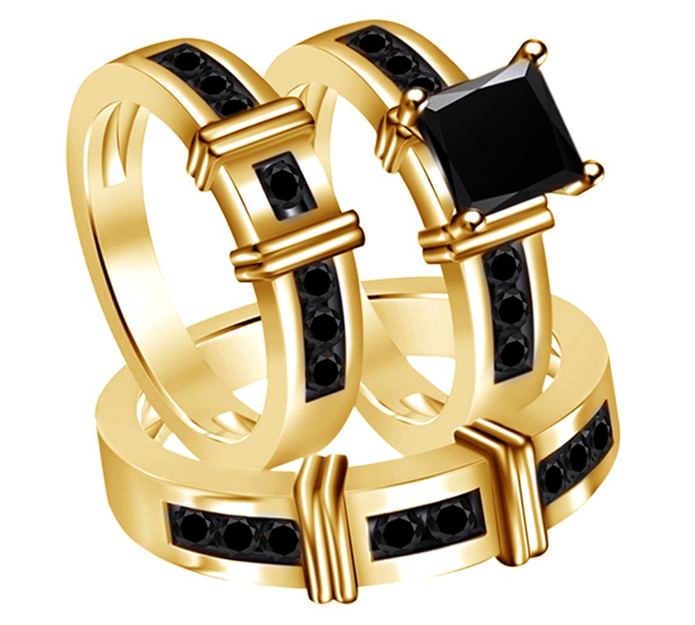 Jewel Zone US Black Cubic Zirconia Engagement and Wedding Trio Fashion Ring Set in 14k Yellow Gold Over Sterling Silver (1.75 Cttw)