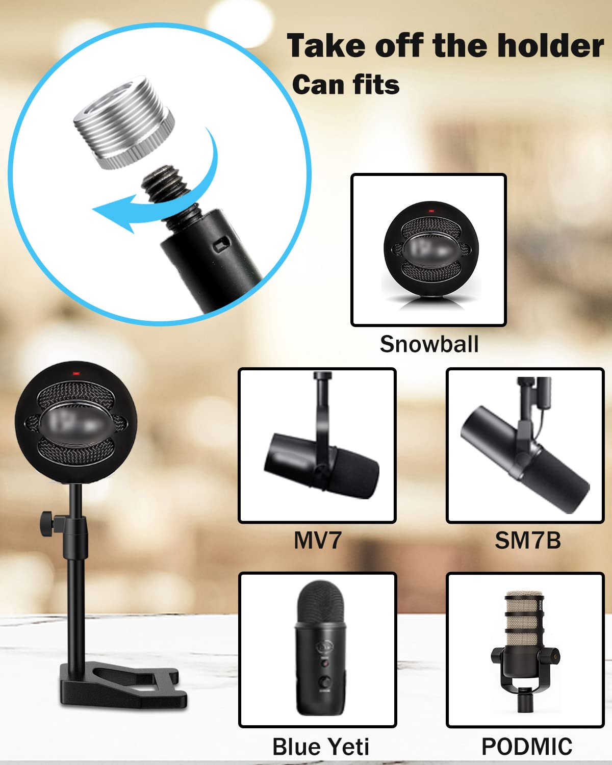 Mictop Desktop Microphone Stand, Mic Stand with Mic Clip Holder Weighted Base Shock Mount 3/8" and 5/8" Adapter Adjustable Height for AT2020, Blue Yeti, Snowball, Samson Q2U, Shure SM58, ATR2100x etc.