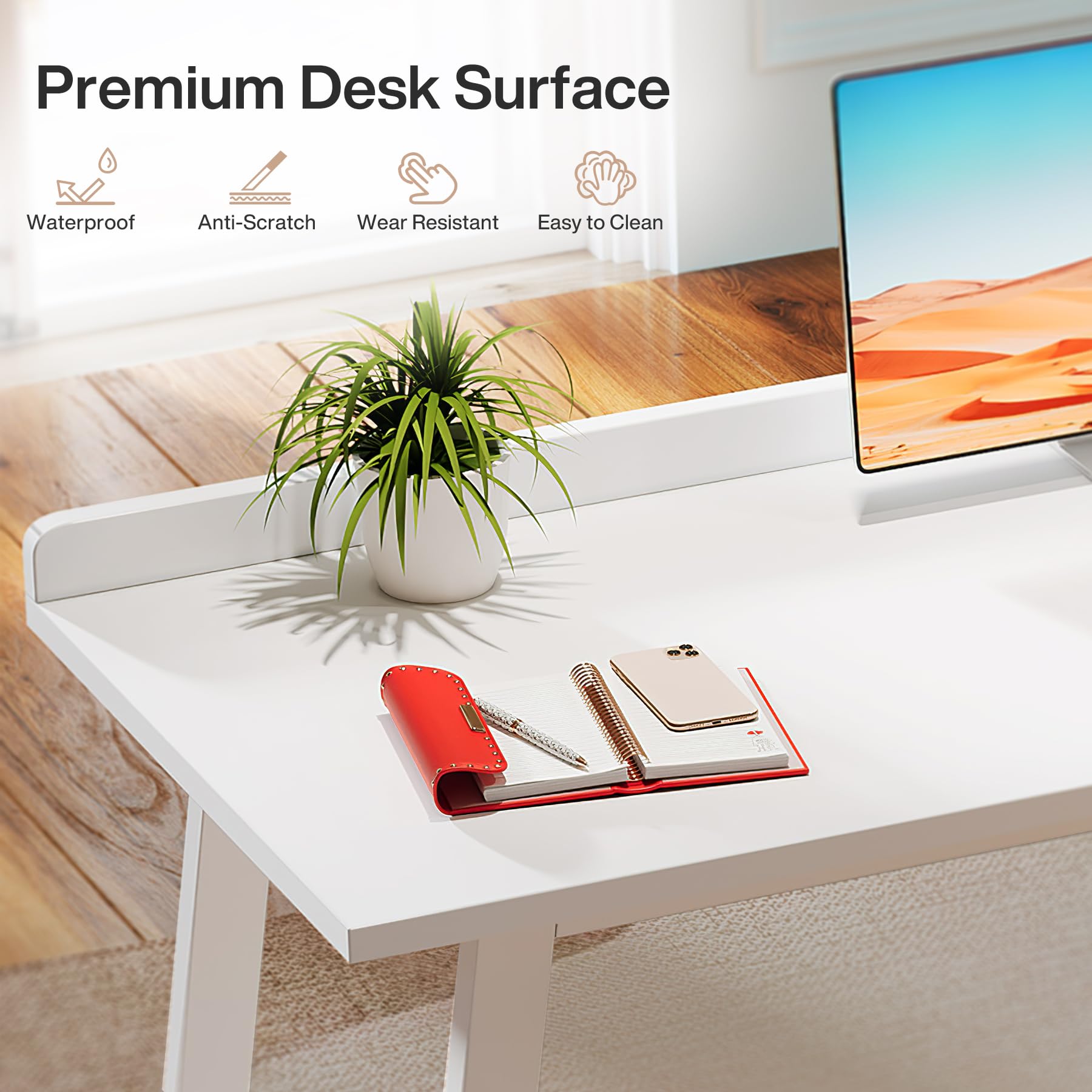 Tribesigns White Computer Desk with Drawers: 55 Inches Modern Home Office Desk with Storage, Small Wood Study Writing Work Table Workstation for Bedroom, White and Gold