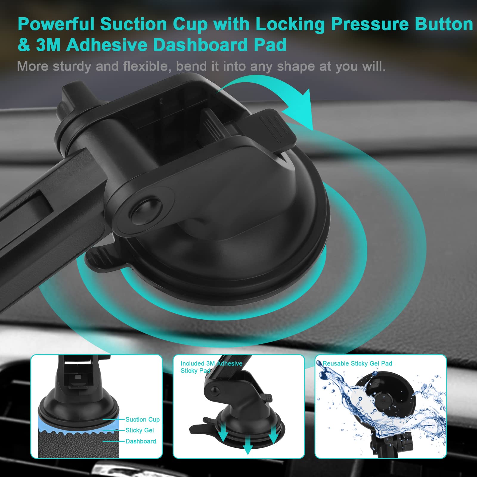 Tablet Car Dashboard & Windshield Mount, Universal 360° Adjustable Window Dash Suction Cup Holder for iPad Pro 12.9/11/10.5/9.7/Air/Mini 6 5 4, Samsung Galaxy, 4.7-12.9" Tab & Phone, 1* TPU Sticky Pad