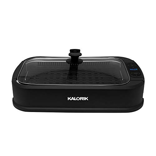 Kalorik, GR 45386 BK, Indoor Smokeless Grill with Tempered Glass Lid, Removable Grill Plate, Drip Tray, Digital Temperature Control LED Display, Precise Cooking up to 460 Degrees.