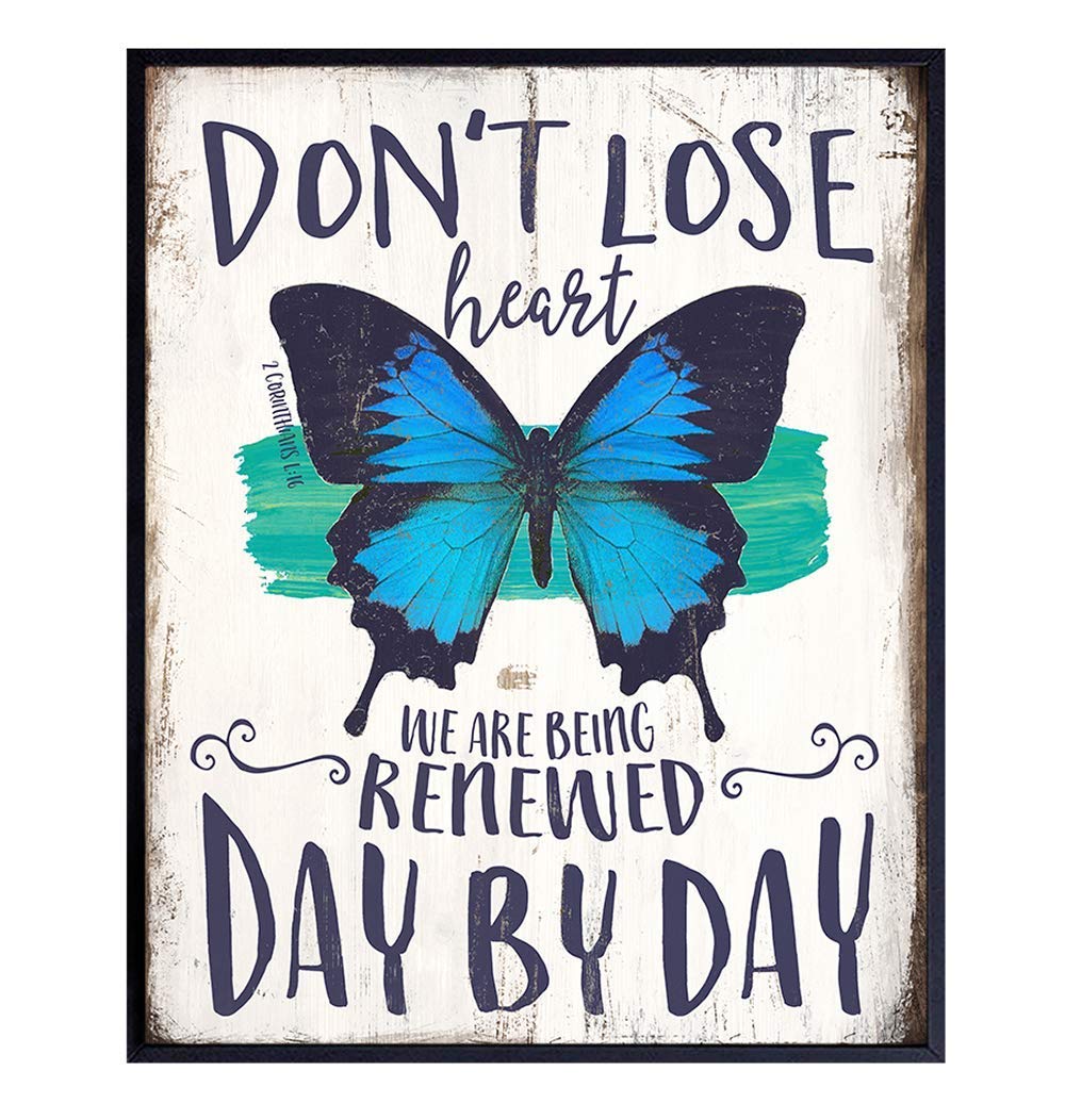 Inspirational Butterfly Picture - Christian Bible Verse Wall Art - Religious Scripture Wall Decor - Blue Rustic Boho Gift for Women - Motivational Home or Apartment Decoration for Bedroom, Living Room