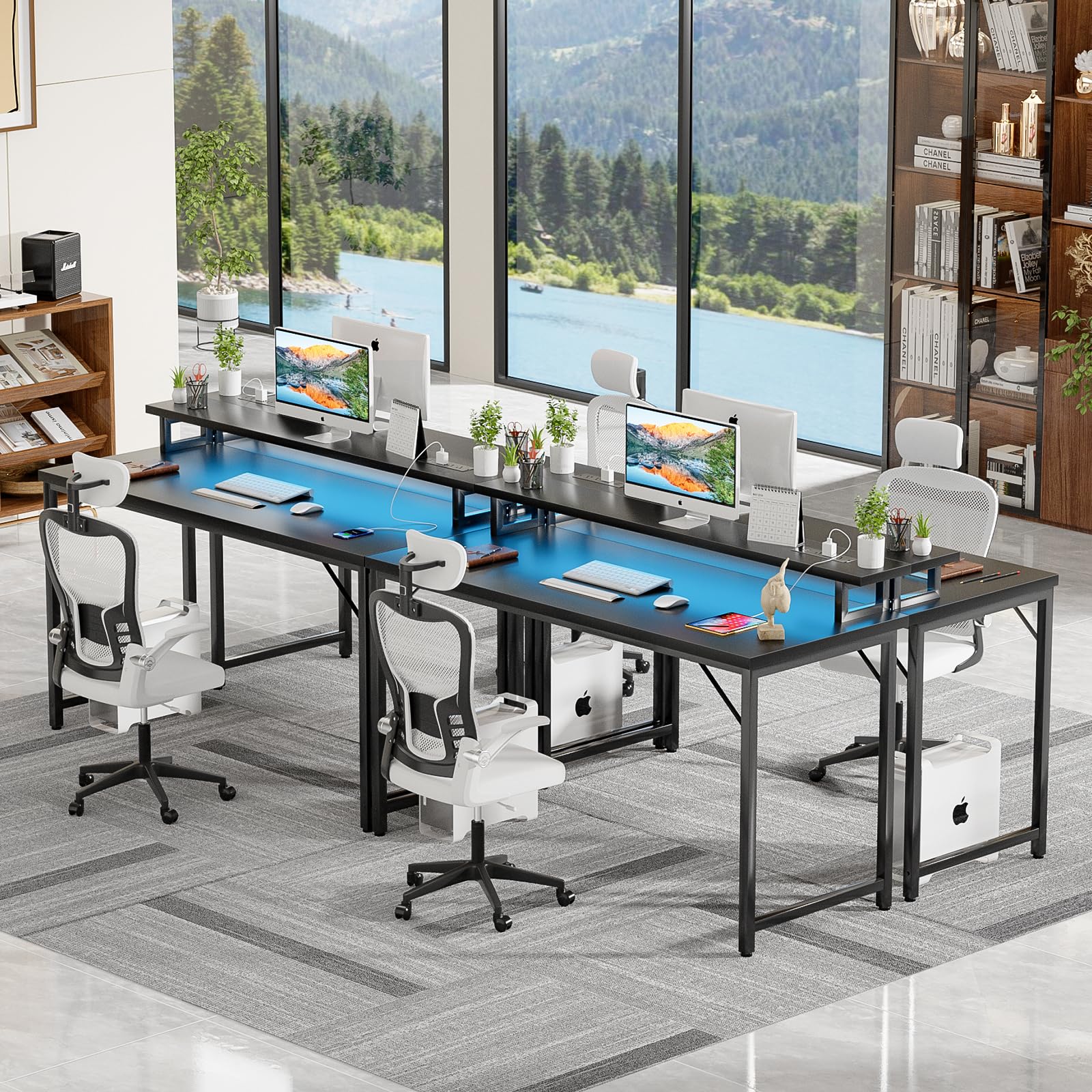 iSunirm 47 inch Computer Desk with Power Outlets, Gaming Desk with LED Lights, Home Office Work Desk with Monitor Shelf, Modern Office Desk Study Writing Table for Small Spaces, Black