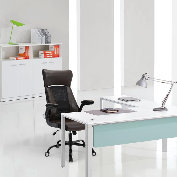 HOME OFFICE CHAIR, Ergonomic Desk Chair with Flip-Up Arm, Office Mesh Chair Leather Computer Chair High Back with Lumbar Support Executive Height Adjustable Rolling Swivel Task