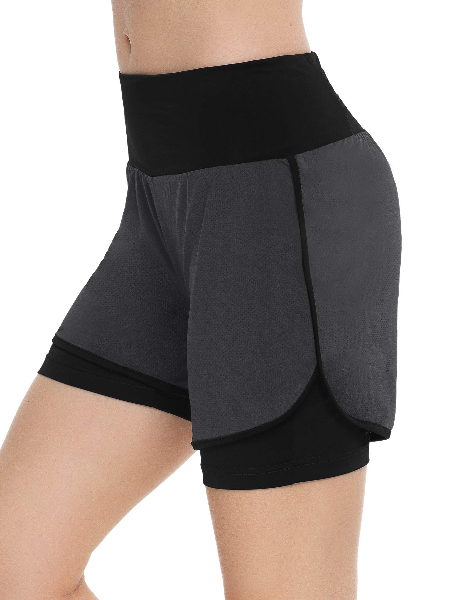 Loovoo Women's Sports Workout Shorts Double Layer Yoga Running Shorts 2 in 1 with Back Pocket Dark Grey M