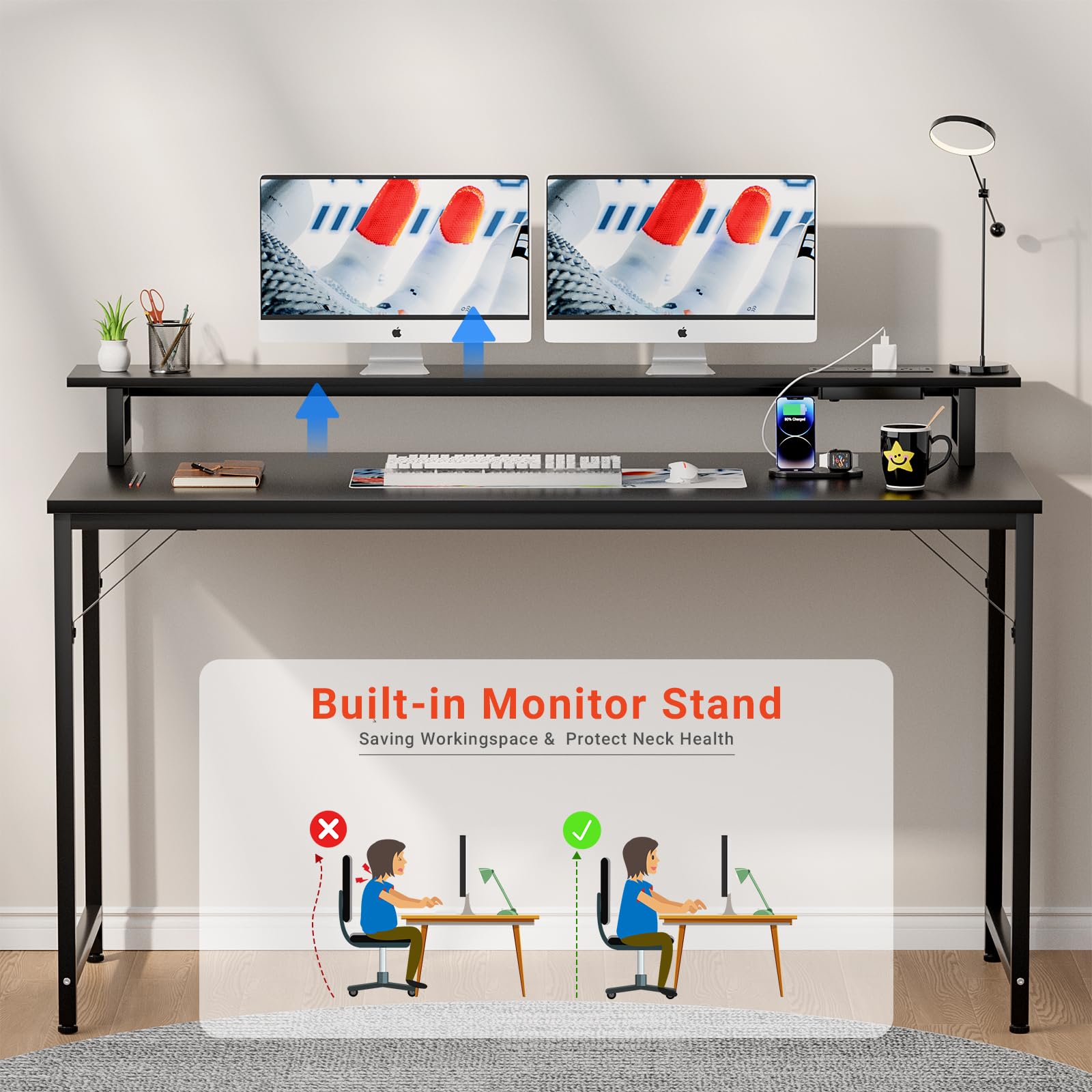 iSunirm 55 inch Computer Desk with Power Outlets, Office Desk Gaming desk with LED Lights, Home Office Desk with Monitor Shelf, Modern Work Desk Study Writing Table for Bedroom, Matte Black
