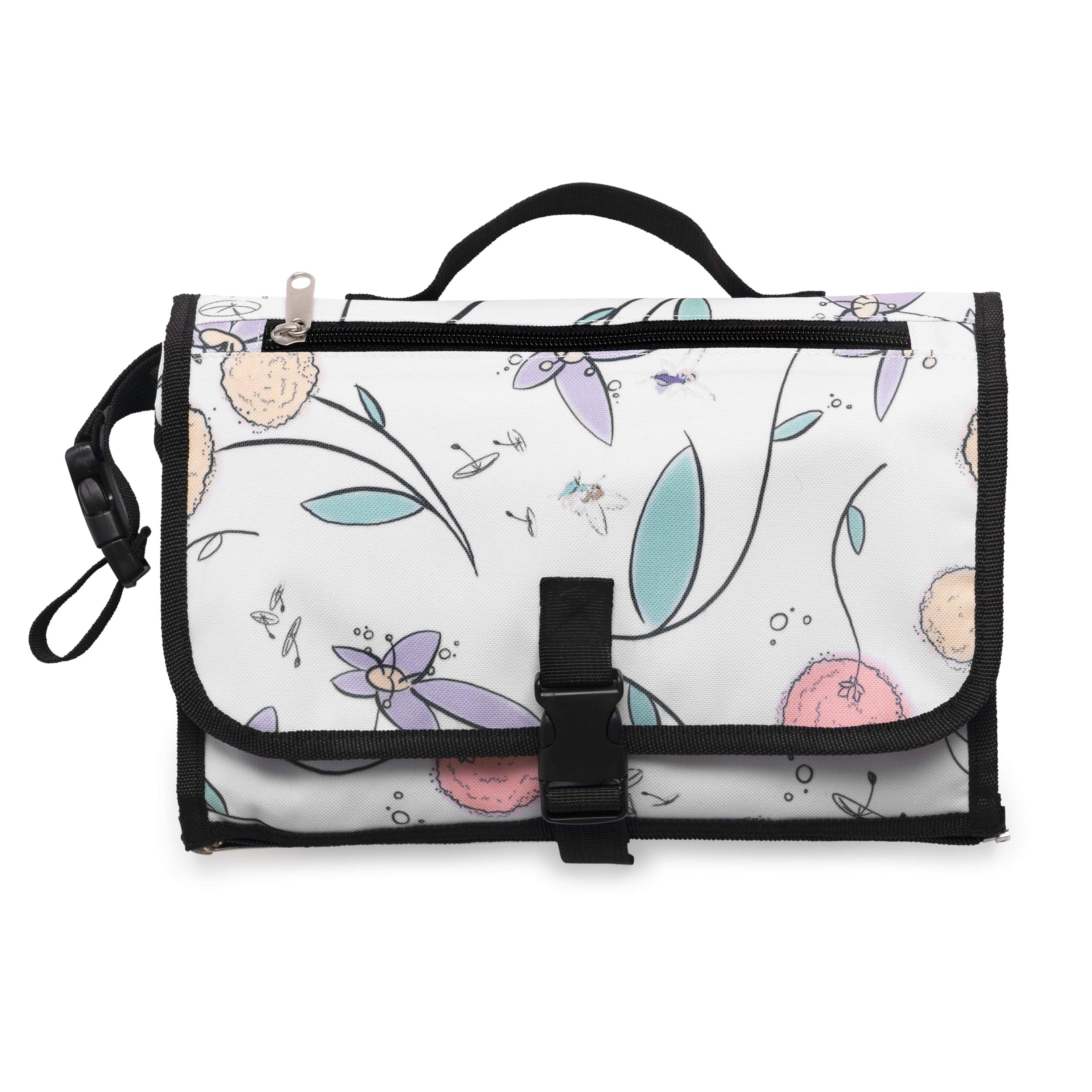 JumpOff Jo β Portable Changing Pad / Diaper Bag with Padded Changing Station, Easy Travel Changing Pad, Includes Handy Storage Pockets for Baby Necessities β Fairy Blossom