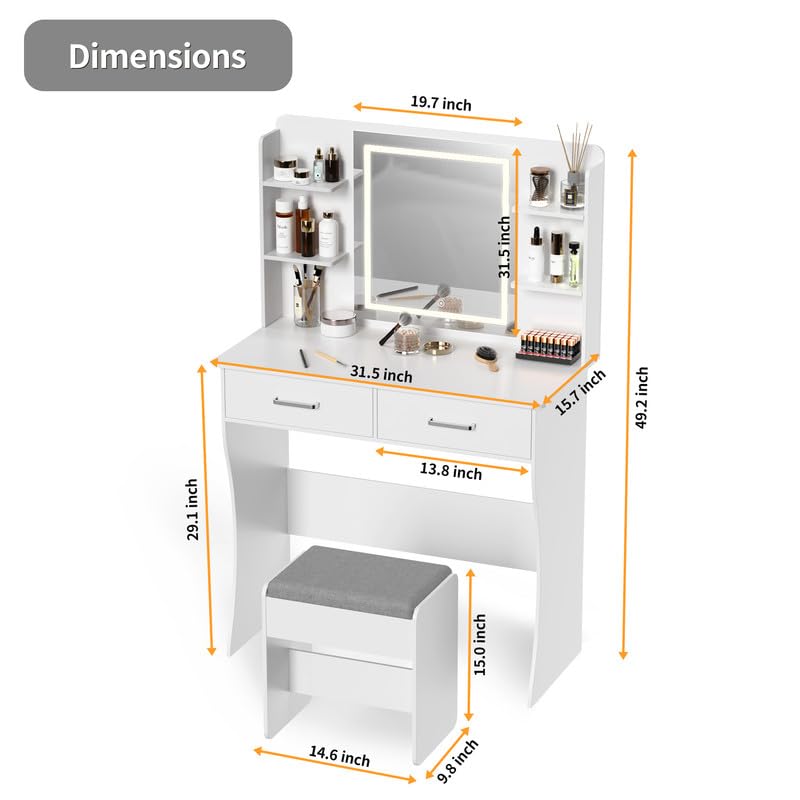 Vanity Desk with Mirror and Lights, White Makeup Vanity Desk with Led Lights Mirror and Chair, Makeup Vanity Dressing Table Set with 2 Drawers and 6 Storage Shelves for Bedroom Dressing Room