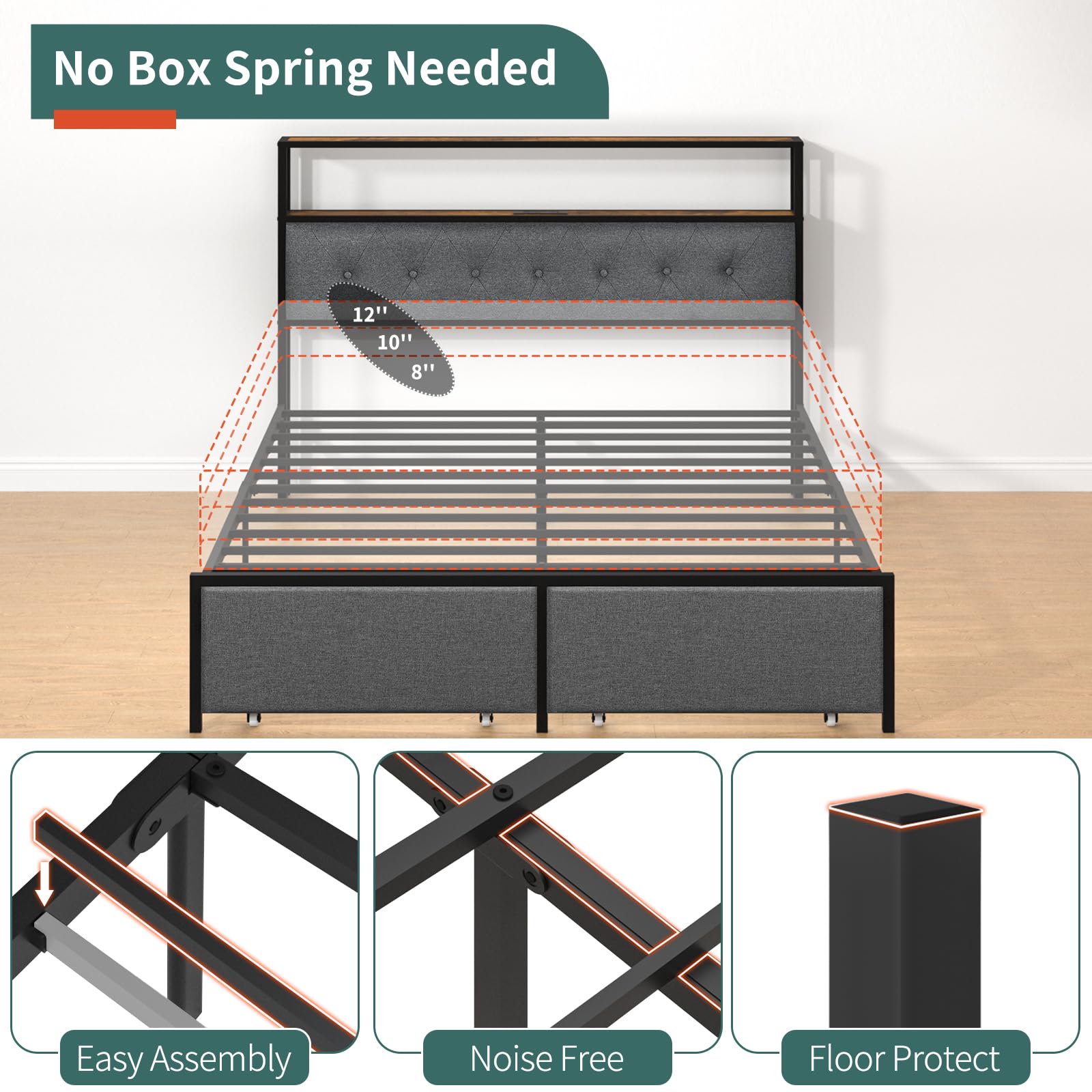 Yoobure Queen Size Bed Frame, Metal Platform Bed Frame Queen Size with Headboard, Noise Free Bed Frames with Storage Drawers, Bedframe with Charging Station LED Light, Heavy Duty, No Box Spring Needed