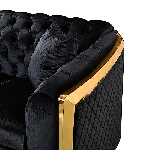 WILLIAMSPACE 81.1" Tufted Velvet Sofa Couch for Living Room, 3 Seater Button Sofa with Stainless Steel Gold Plating Decoration, Comfy Soft Upholstered Couch with 2 Pillows - Black