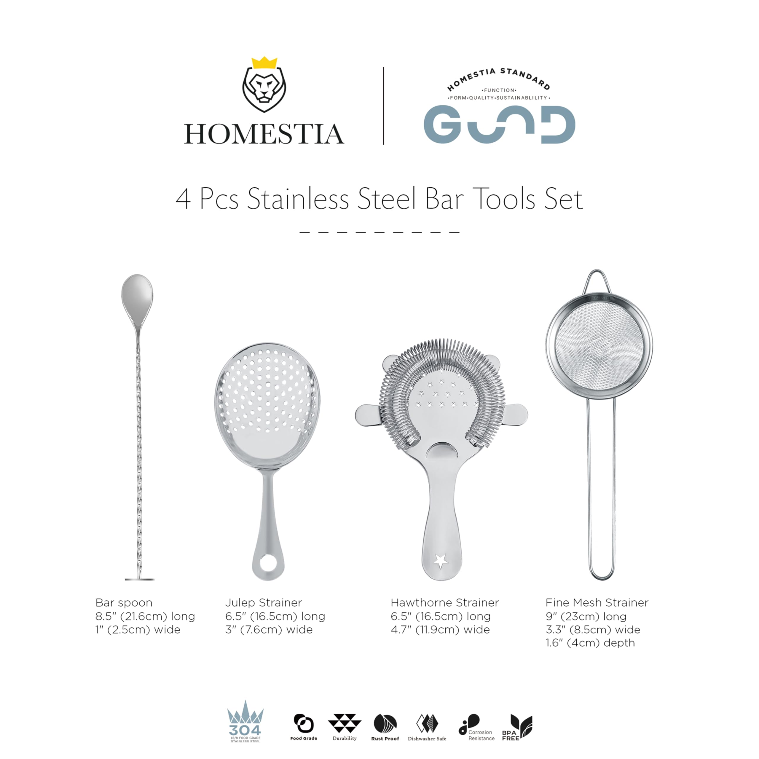 Homestia Cocktail Strainer Set 4-PIECE Stainless Steel Bar Tool Bar Accessories for Drinks includes Hawthorne Strainer, Julep Strainer, Fine Mesh Sieve with Bar Spoon(Black)
