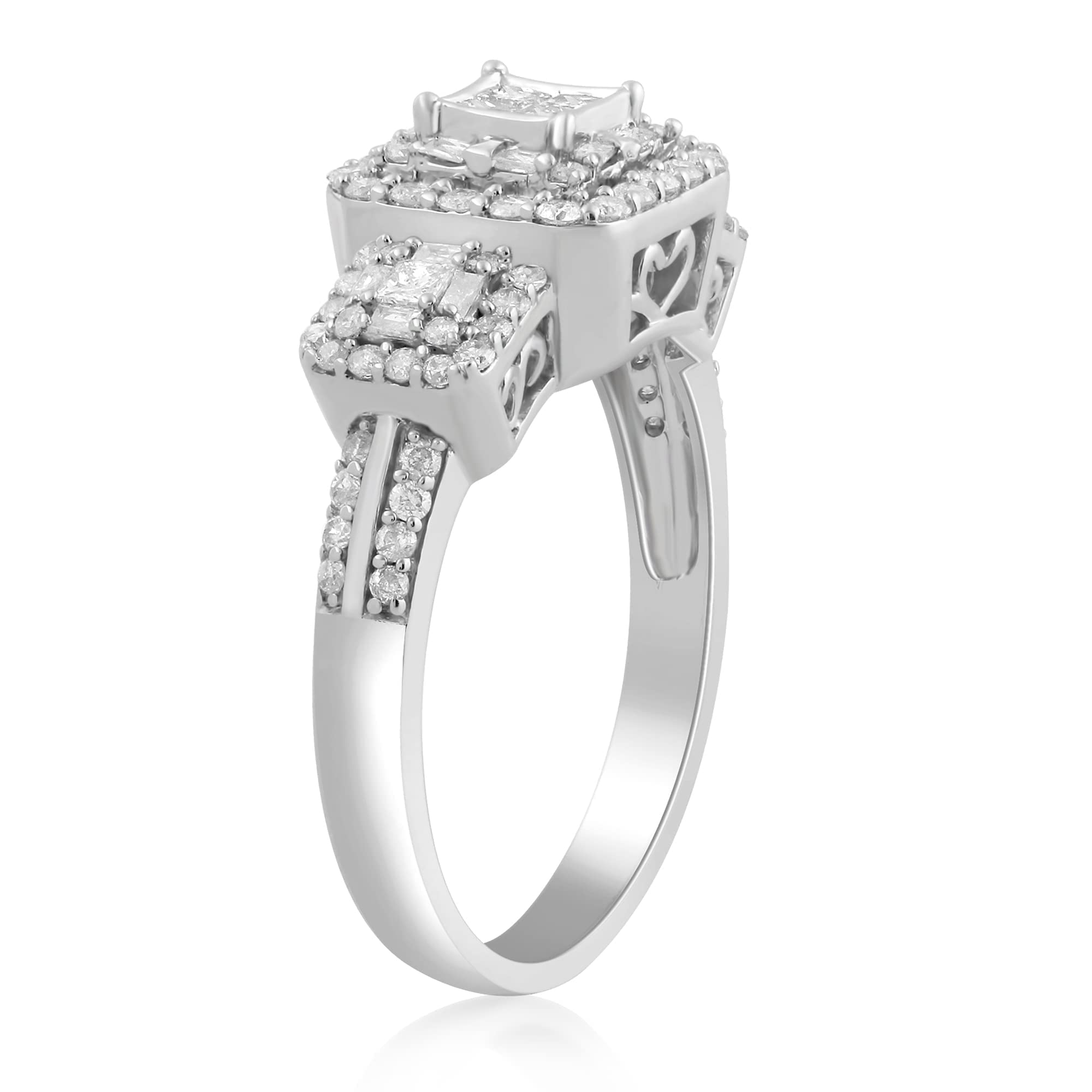 Jewelili 10K White Gold 1 Cttw Princess Cut Centre with Round and Baguette shape Natural White Diamond Engagement Ring, Size 8