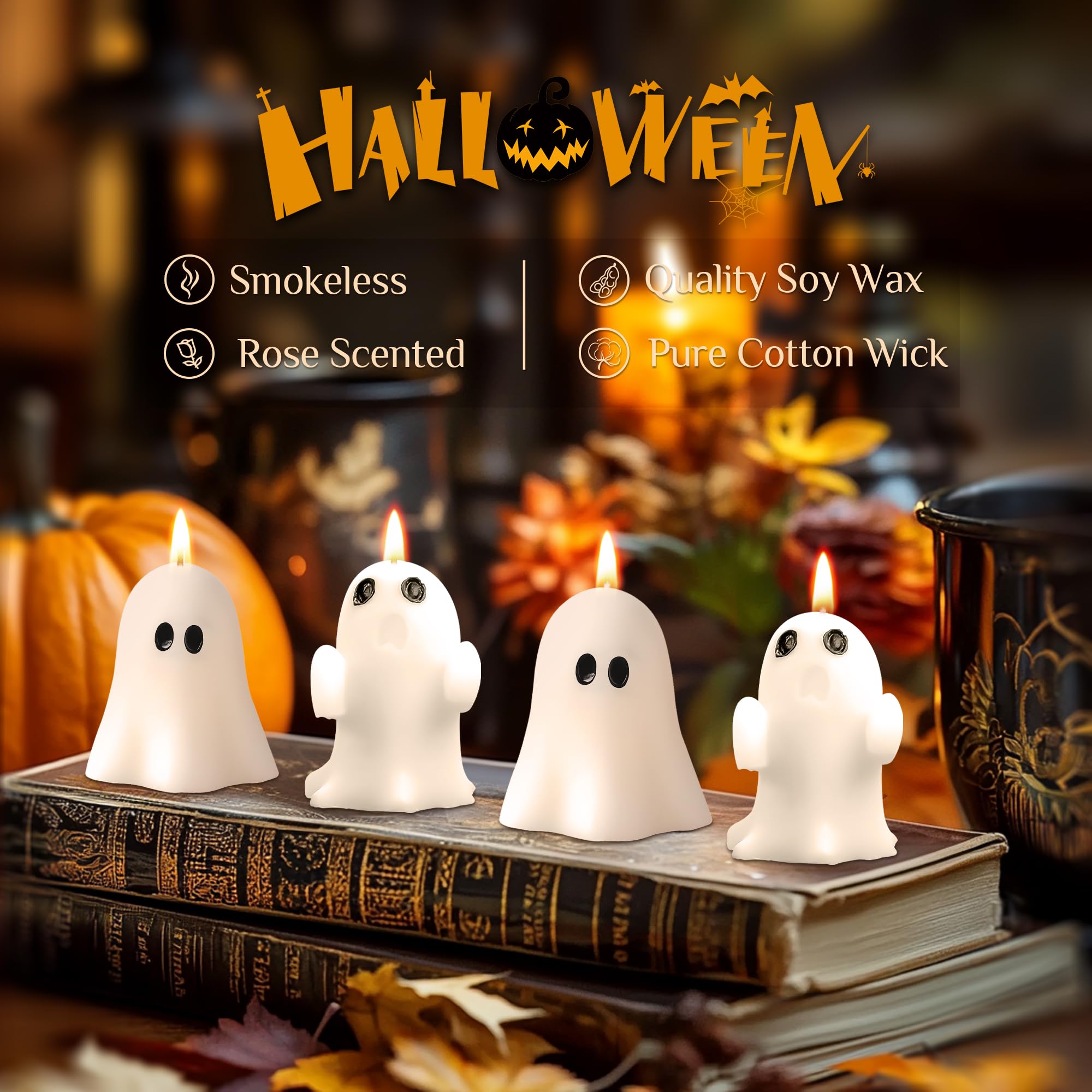TRINIDa 4 PCS Halloween Ghost Candles, 2.75 x 1.97 Inches Ghost Scented Candles, Cute Halloween Ghost Decor, Halloween Decor Candles for Home Halloween Party Room Table Decorations, 2 Style