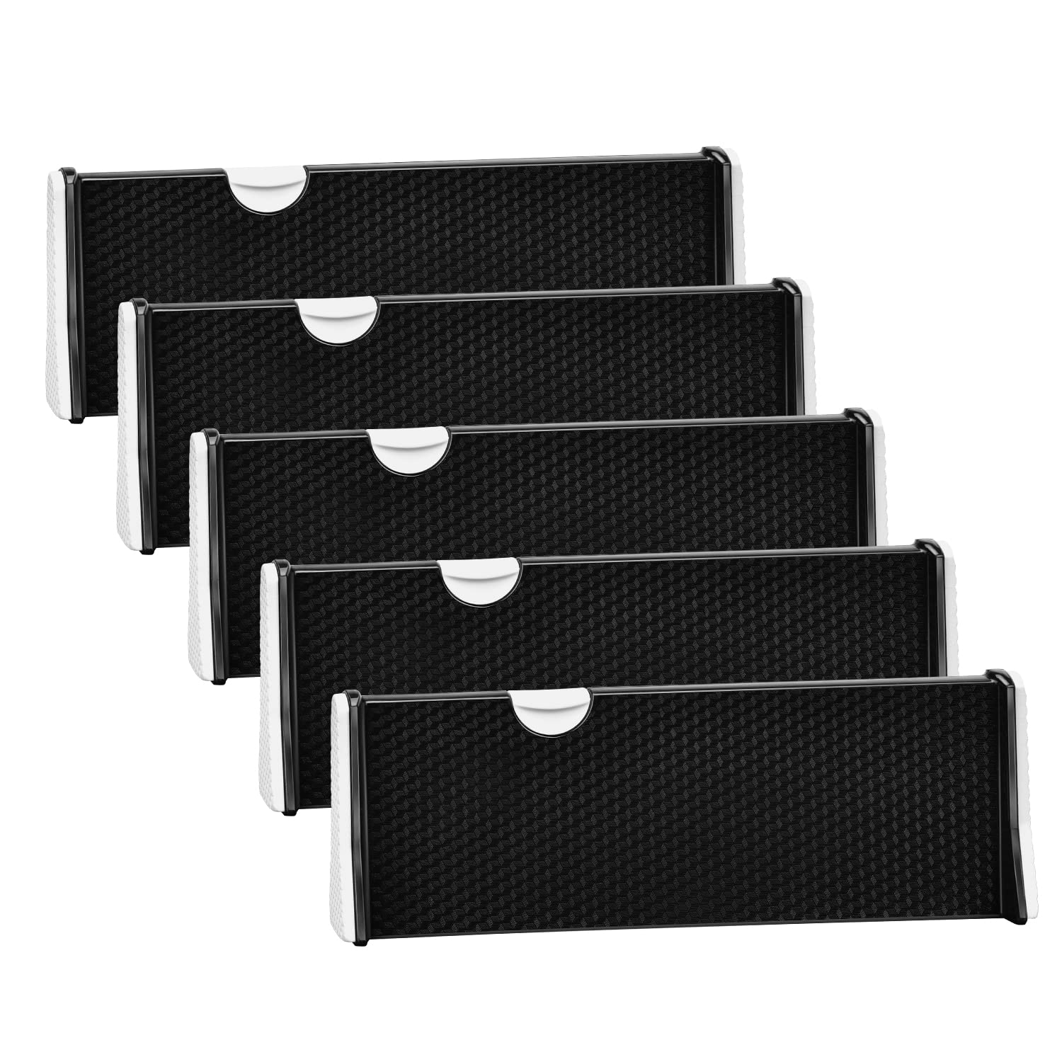 JONYJ Drawer Dividers Organizer 5 Pack, Adjustable Separators 4" High Expandable from 11-17" for Bedroom, Bathroom, Closet,Clothing, Office, Kitchen Storage, Strong Secure Hold, Foam Ends(Black)
