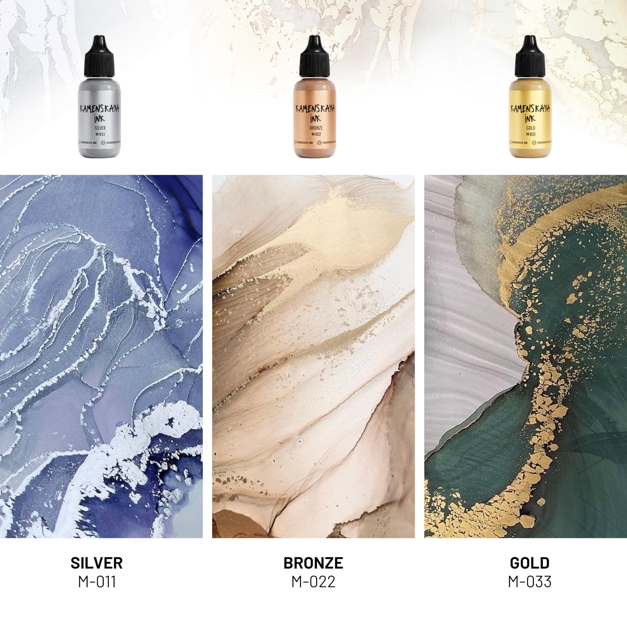 KAMENSKAYA Metallic Alcohol Ink Set: Gold Alcohol Ink, Silver Alcohol Ink, Bronze Alcohol Ink, 0.51 fl oz (15 ml) Each