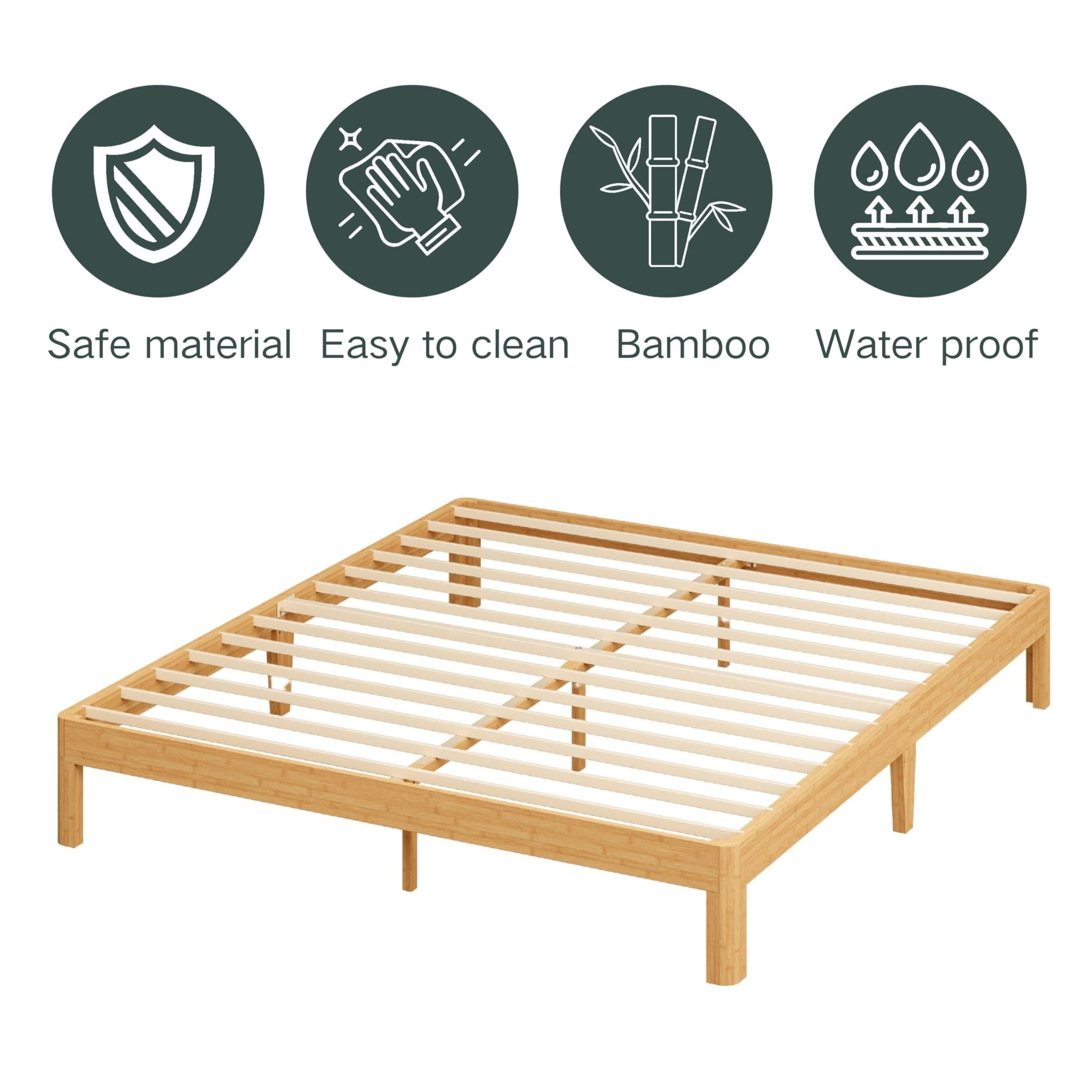 ZIYOO Queen Bed Frame 12 Inch Solid Wood Platform Bed with Metal Slats, Natural Bamboo,No Box Spring Needed, Easy Assembly, Heavy Duty Bed Frame,Free of Noise