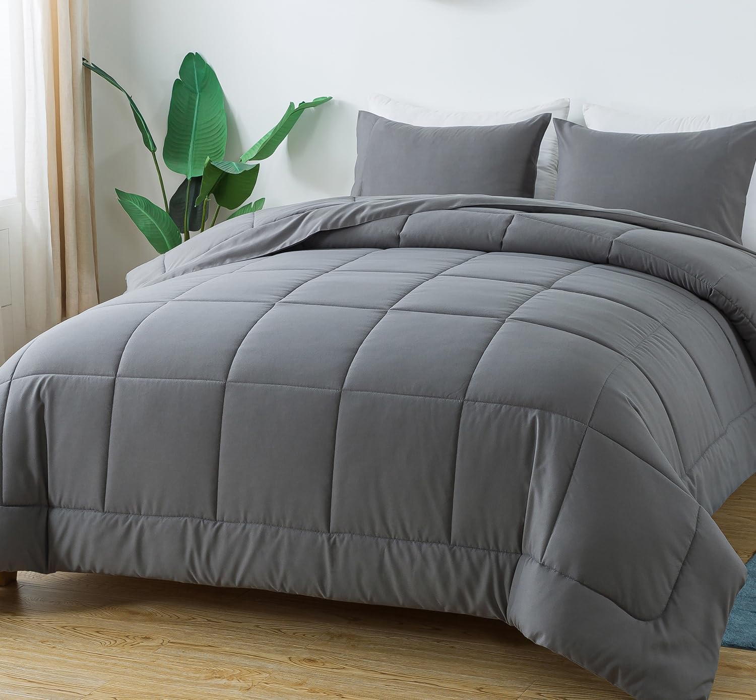HOXXME Queen Comforter Set Grey, All Seasons Bedding Comforters & Sets with 2 Pillow Cases, 3 Pieces Lightweight Summer Duvet Insert, Down Alternative Bed Comforter Set 88"x90"