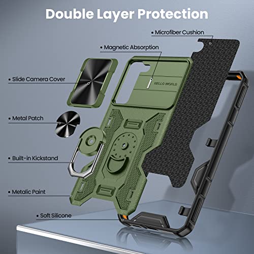 VEGO for Galaxy S23 Case, Samsung S23 Case with Slide Camera Cover Magnetic Absorption, Built-in 360°Rotate Ring Stand & Sponge Cushion with Microfiber Lining Phone Case for Samsung Galaxy S23 - Green