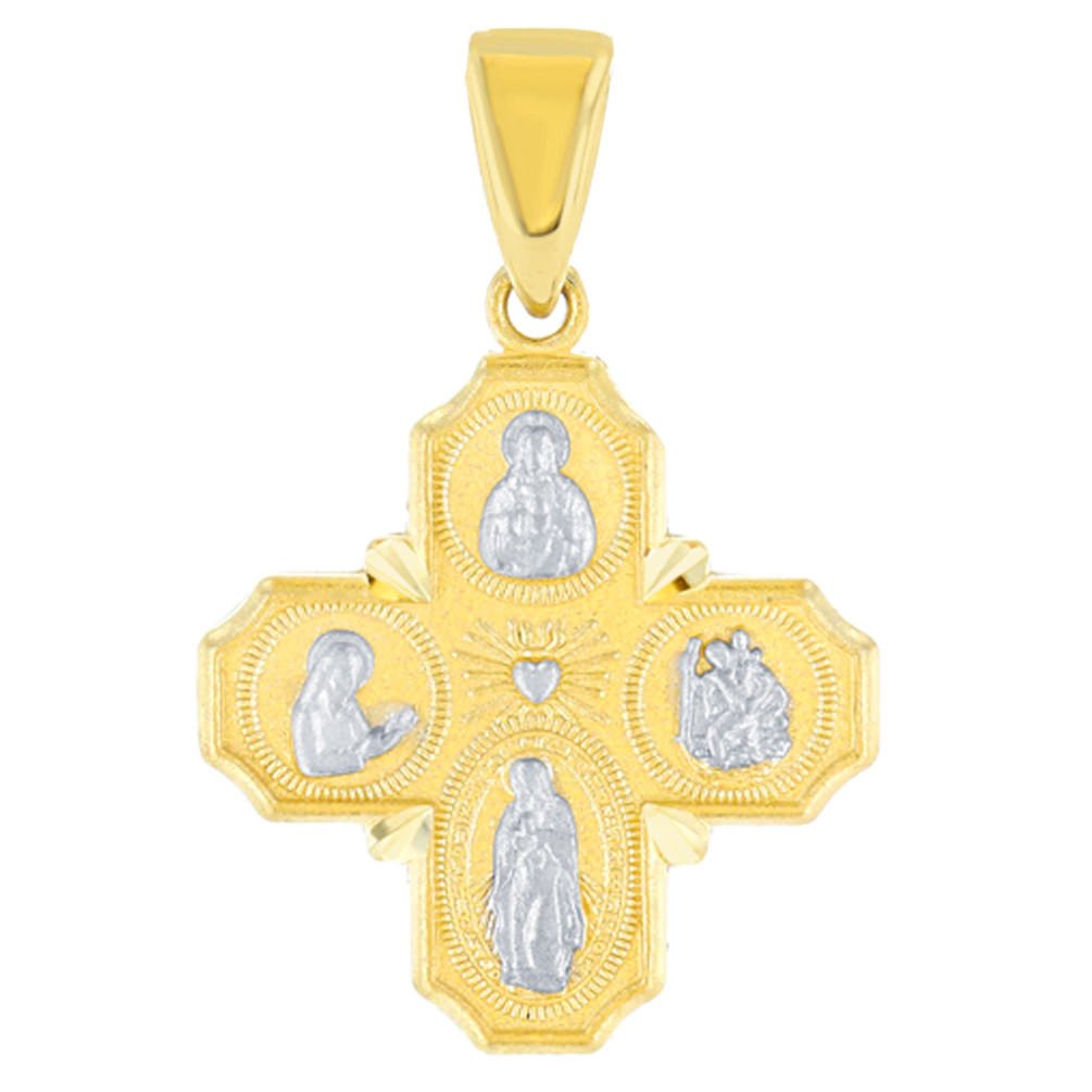 Jewelry America Solid 14K Yellow Gold Dainty Four Way Cross Charm with God Bless You Pendant
