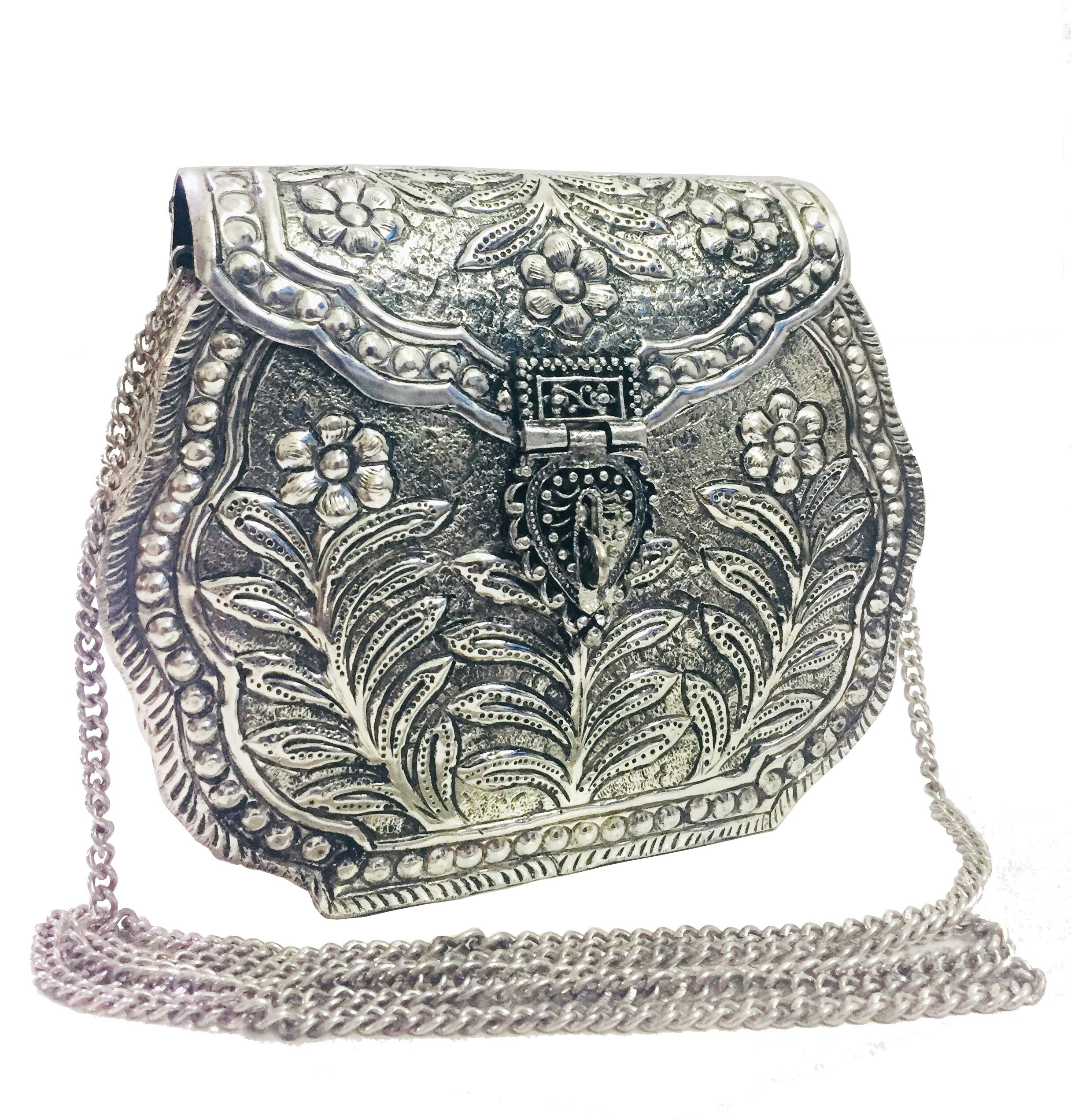 Indian Vintage Brass silver clutch Purse antique Ethnic Handmade Women metal white wallet