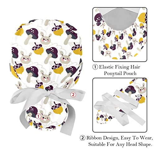 Working Cap with Button for Women 2 Packs, Sweatband Bouffant Scrub Hats, Adjustable Unisex Tie Back Ponytail Hats Hand Drawn Monkey Bunny Acorn & Mashroon