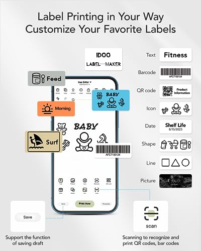 iDOO Thermal Label Maker Portable Barcode Label Maker Machine with 2 Tapes, Bluetooth Sticker Printer,Label Maker for Small Business Home Office Organization, Compatible with Android & iOS